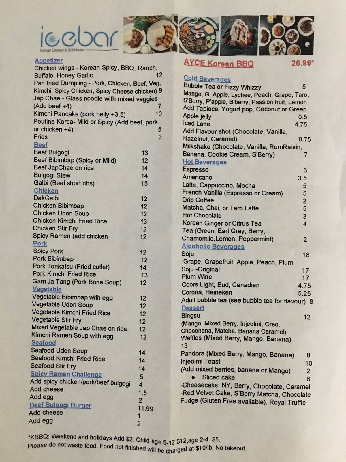 Menu at ICE BAR Cafe, Oshawa