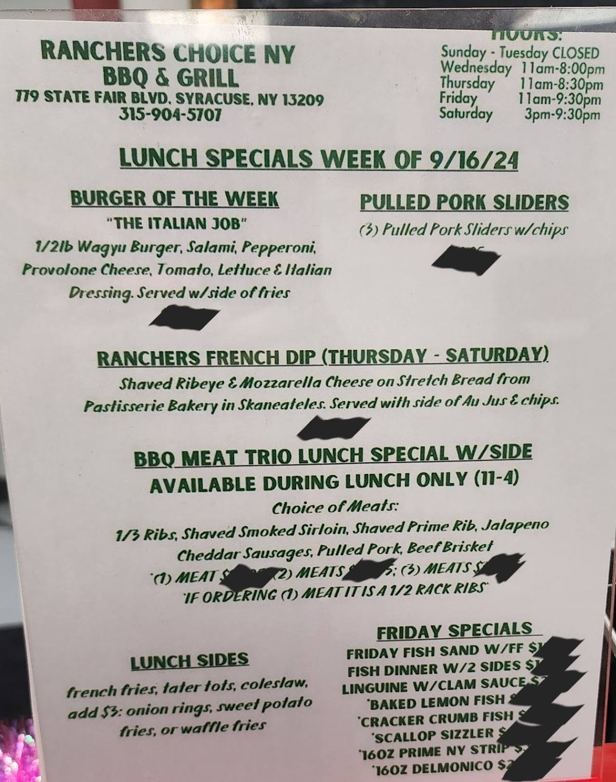Menu at Ranchers Choice NY BBQ, Syracuse