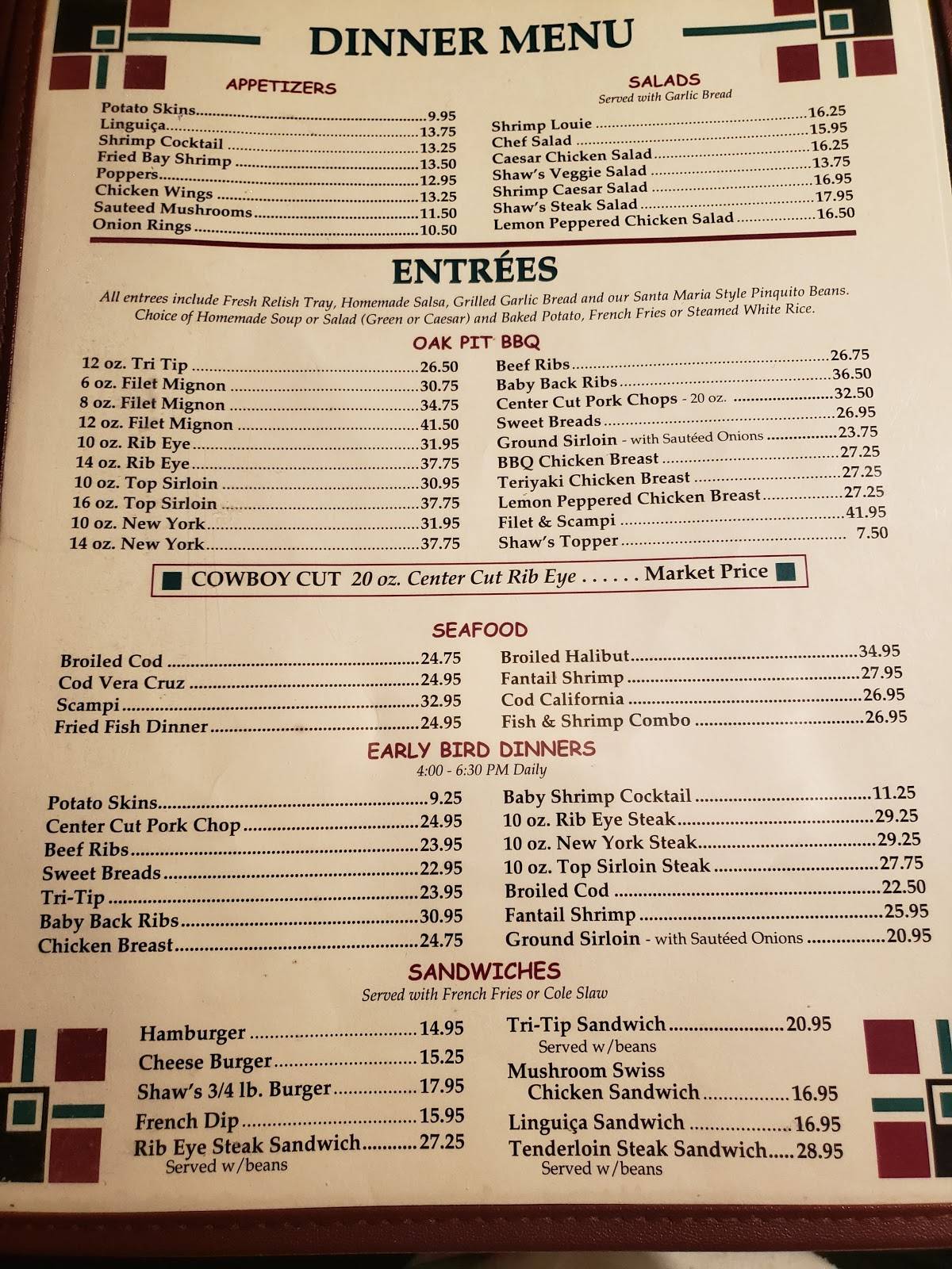 Menu at Shaw's Steakhouse, Santa Maria