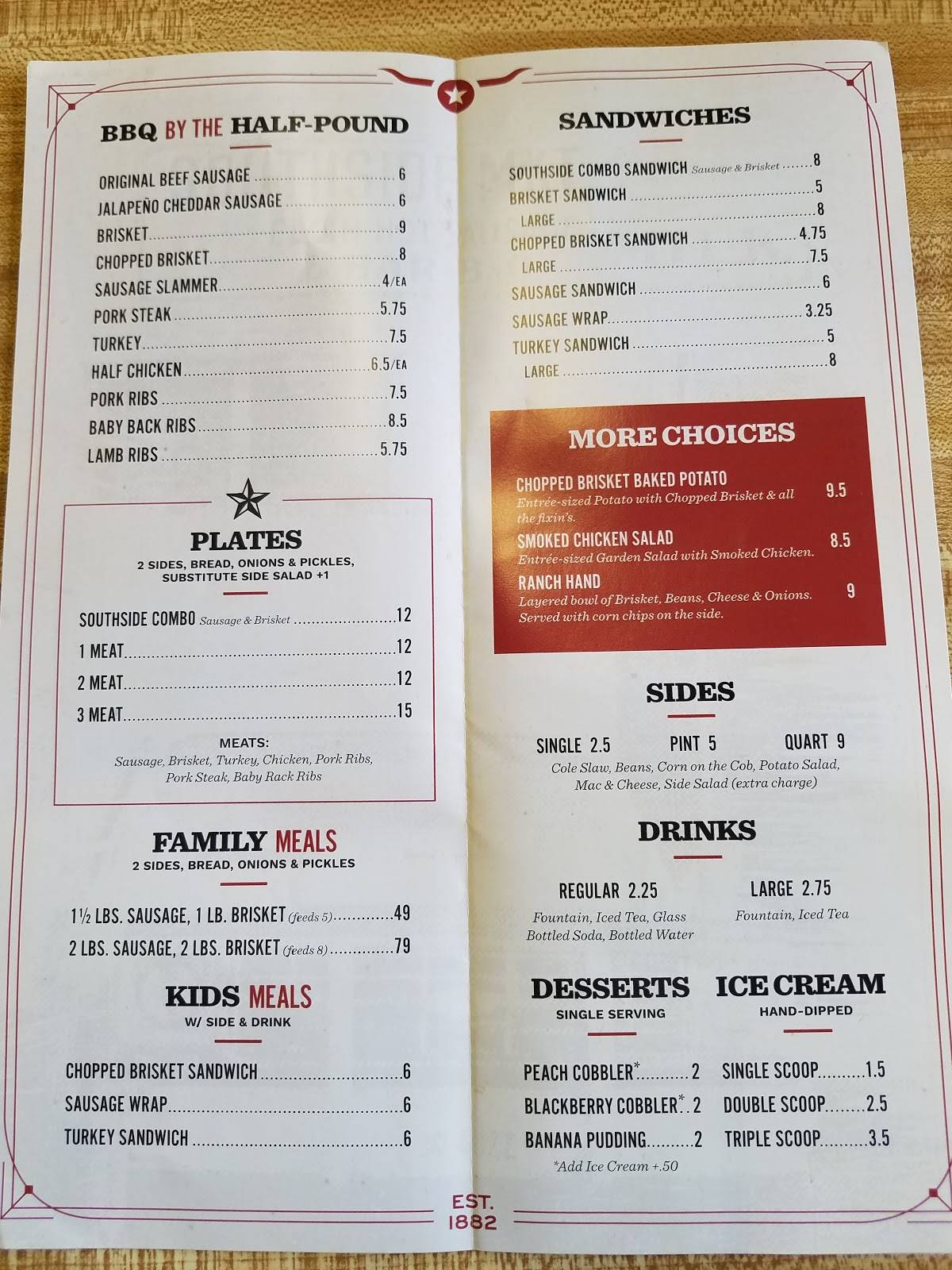 Menu at Southside Market & Barbeque, Elgin, US-290