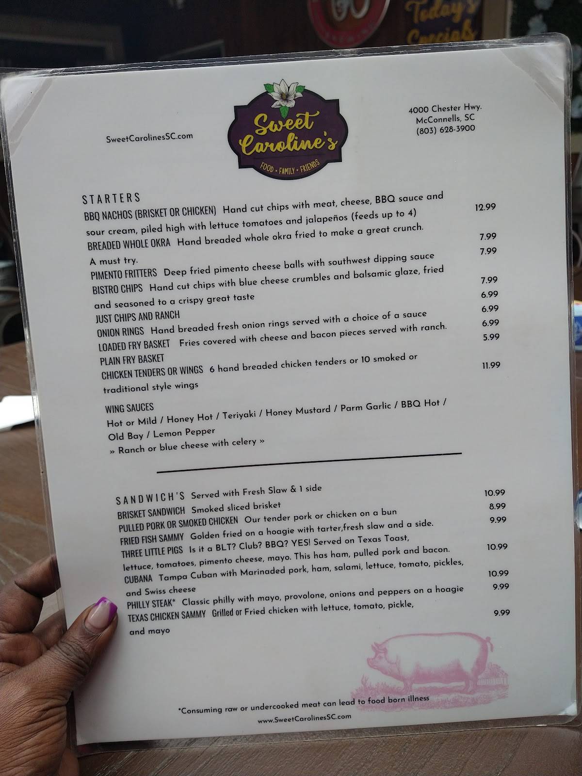 Menu at Sweet Caroline’s BBQ, McConnells