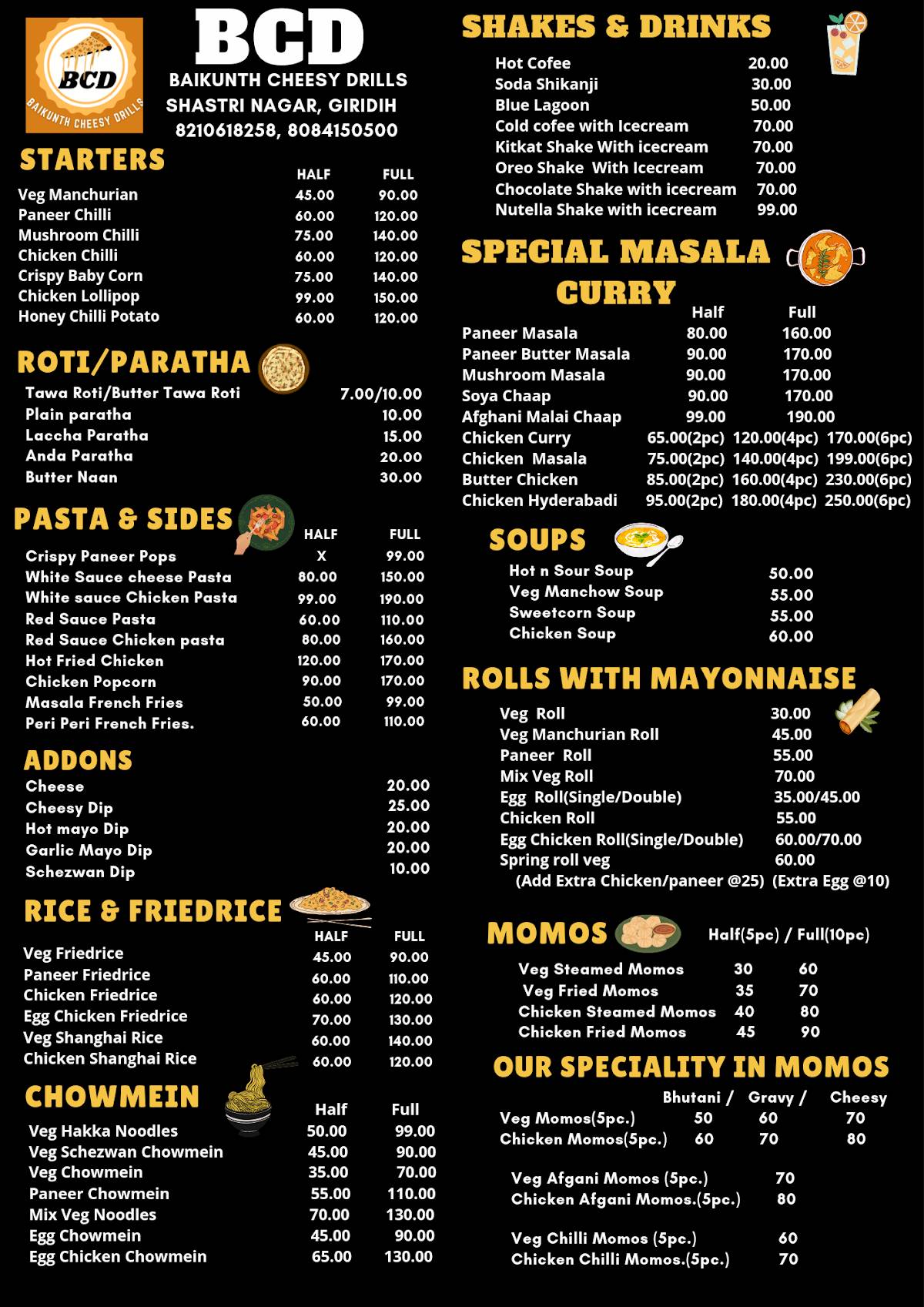 Menu at BCD - Baikunth Cheesy Drills, Giridih