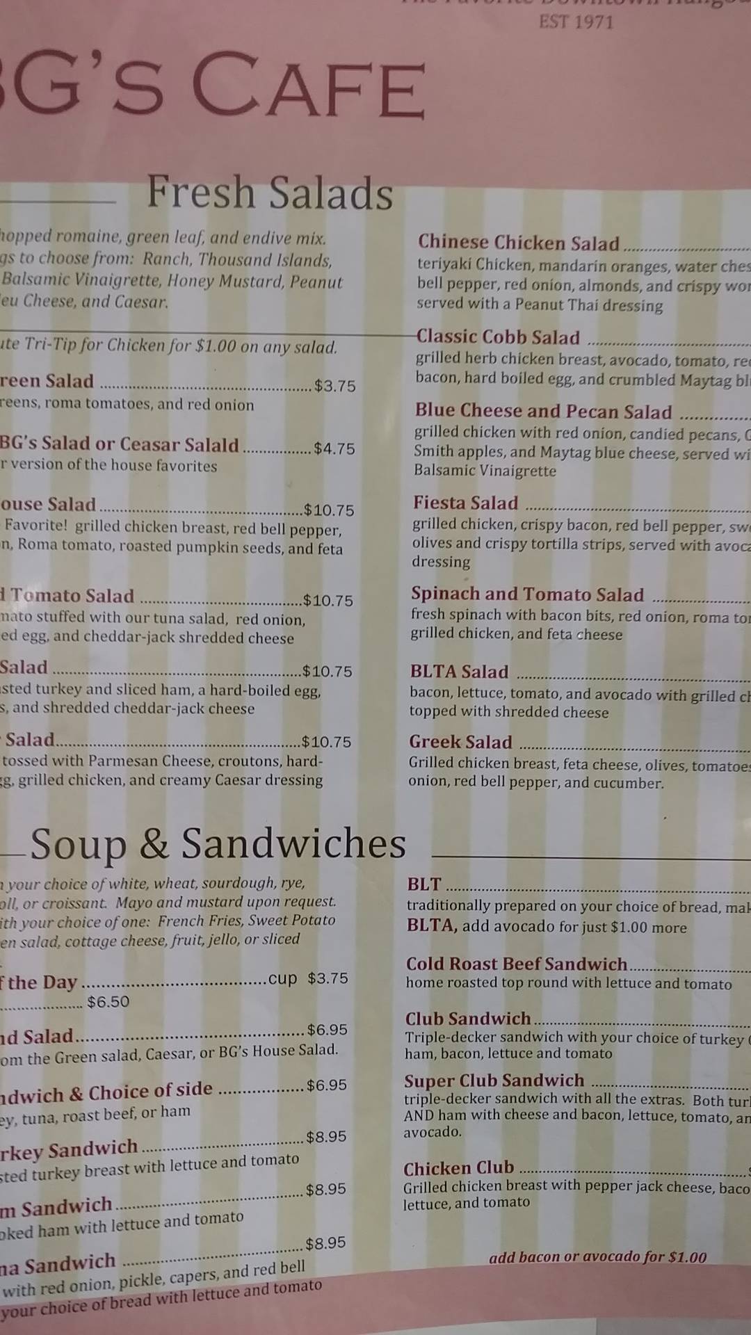 Menu at BG's Cafe, Oxnard