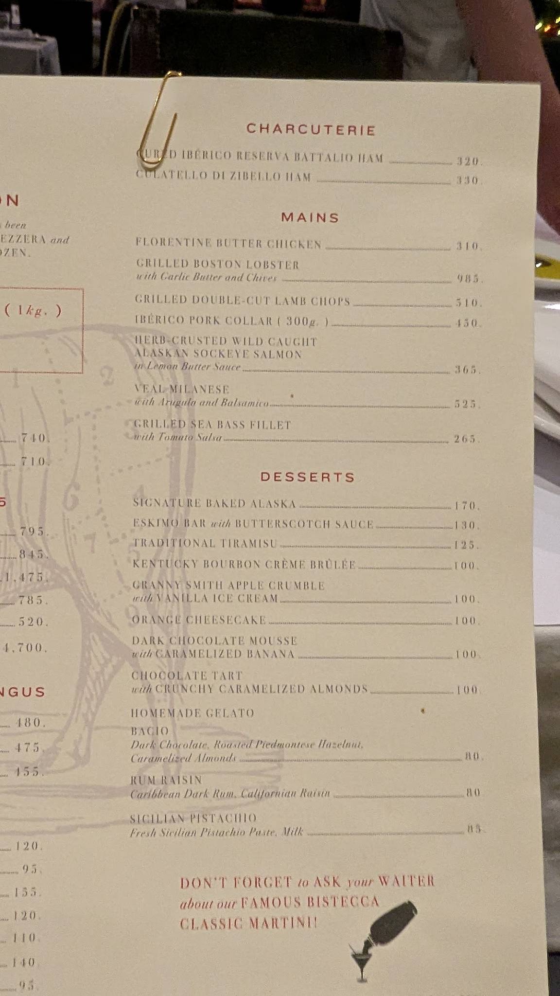 Menu at BISTECCA SCBD restaurant, South Jakarta