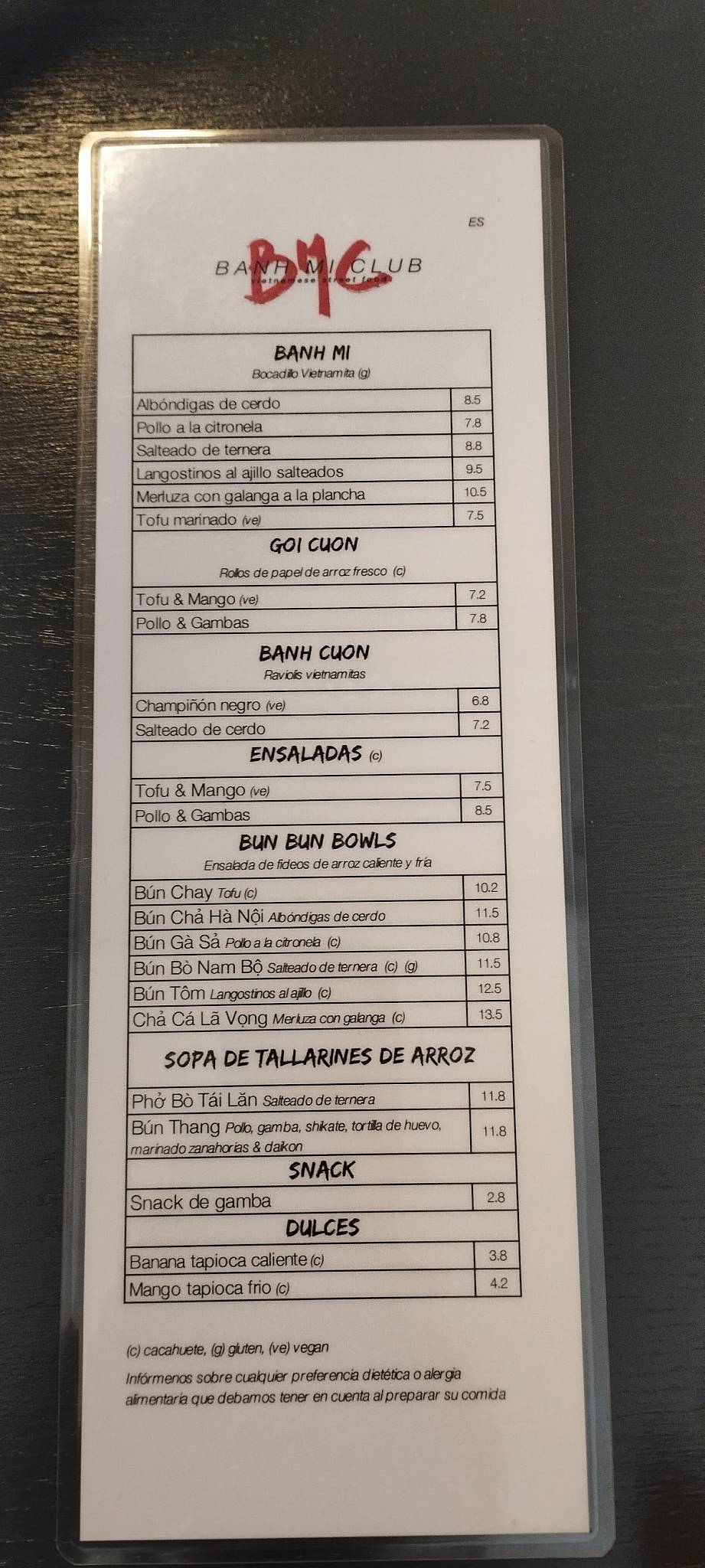 Carta de Banh Mi Club - Modern Vietnamese Street Food, Barcelona