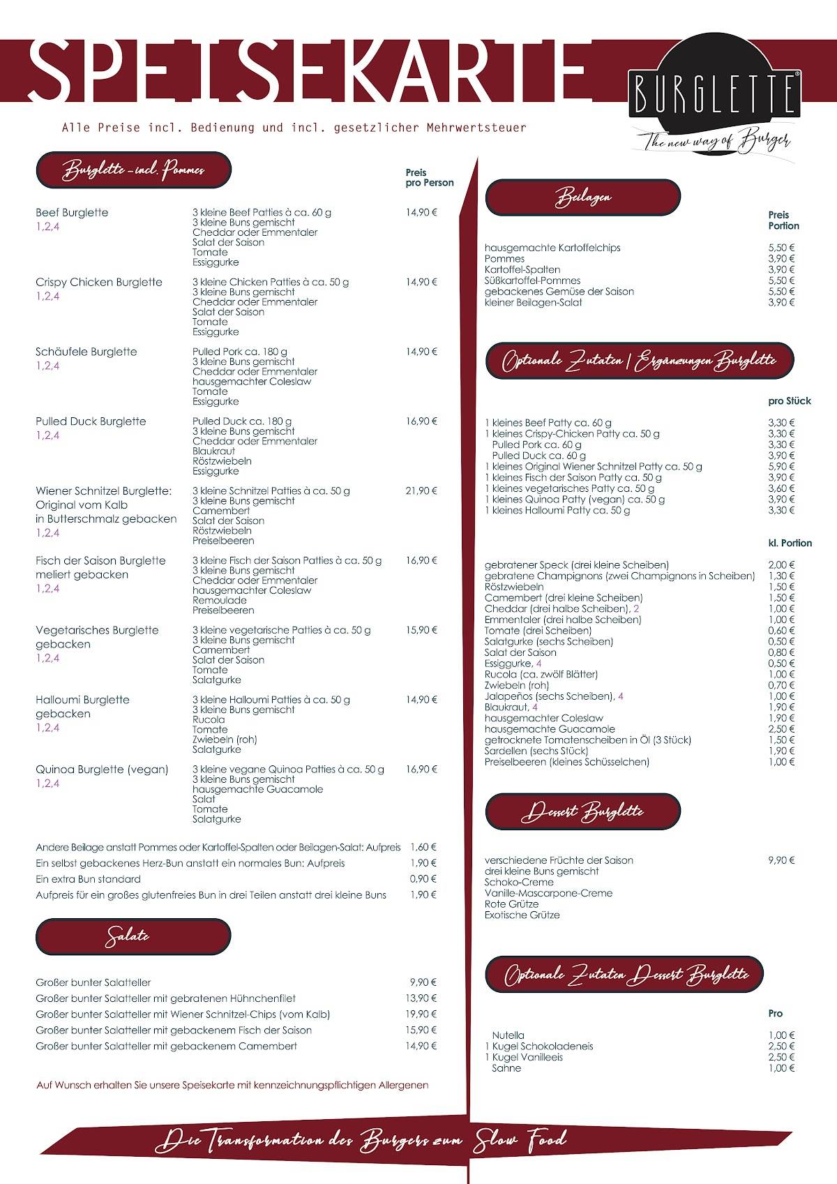 Carta del restaurante BURGLETTE, Nuremberg