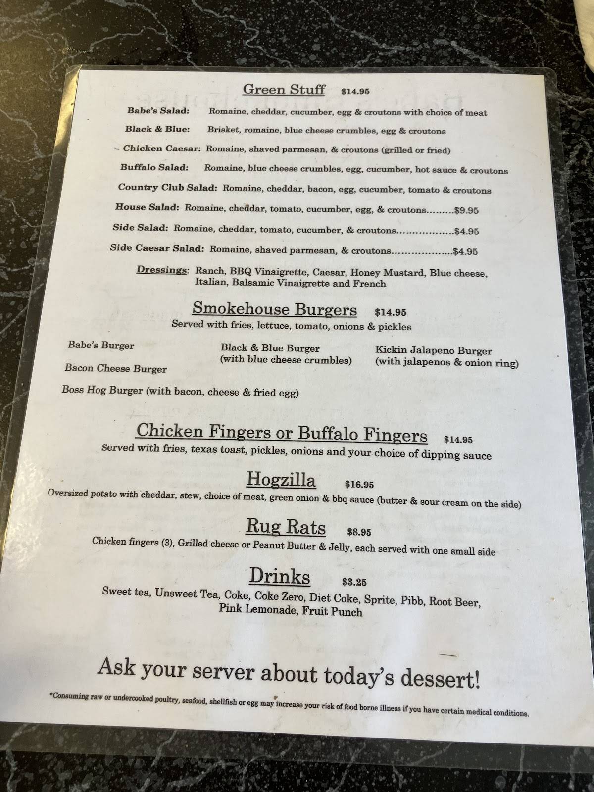 Menu at Babe's Smokehouse BBQ, Savannah