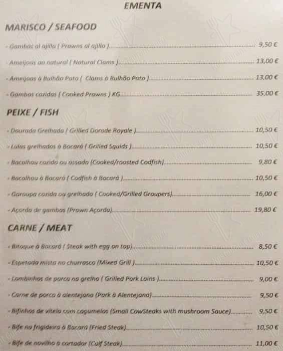 Menu at Bacará restaurant, Lisbon