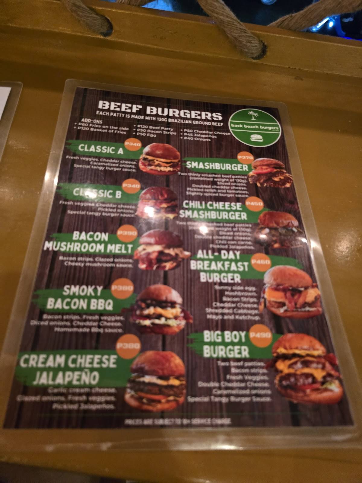 Menu at Back Beach Burgers Boracay restaurant, Malay