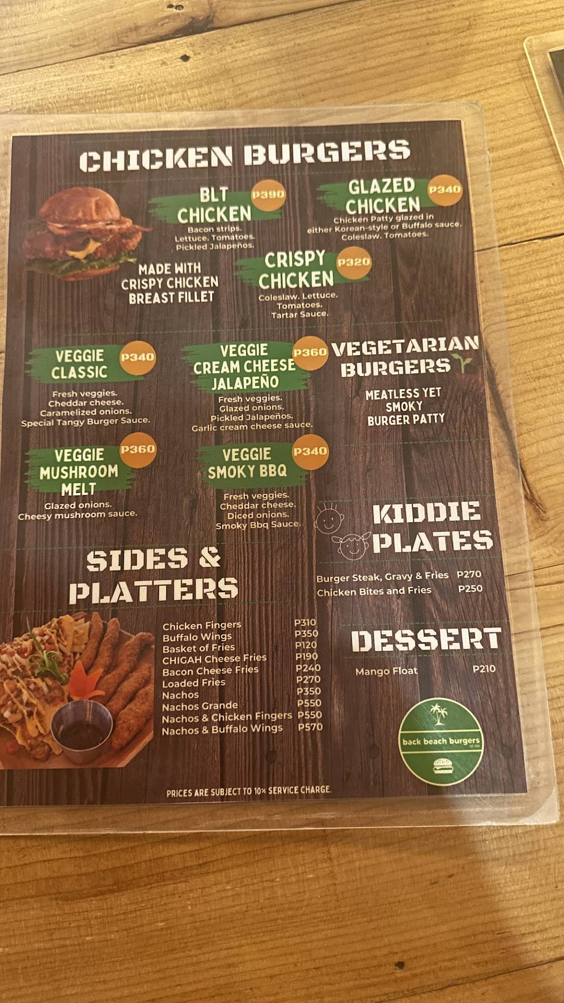 Menu at Back Beach Burgers Boracay restaurant, Malay