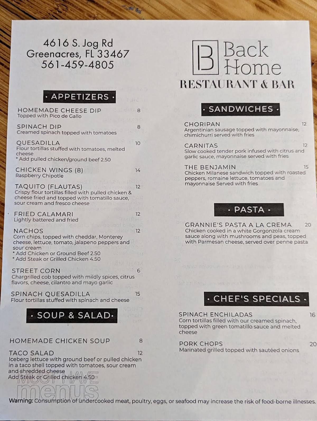 Menu at Back Home Restaurant and Bar, Greenacres