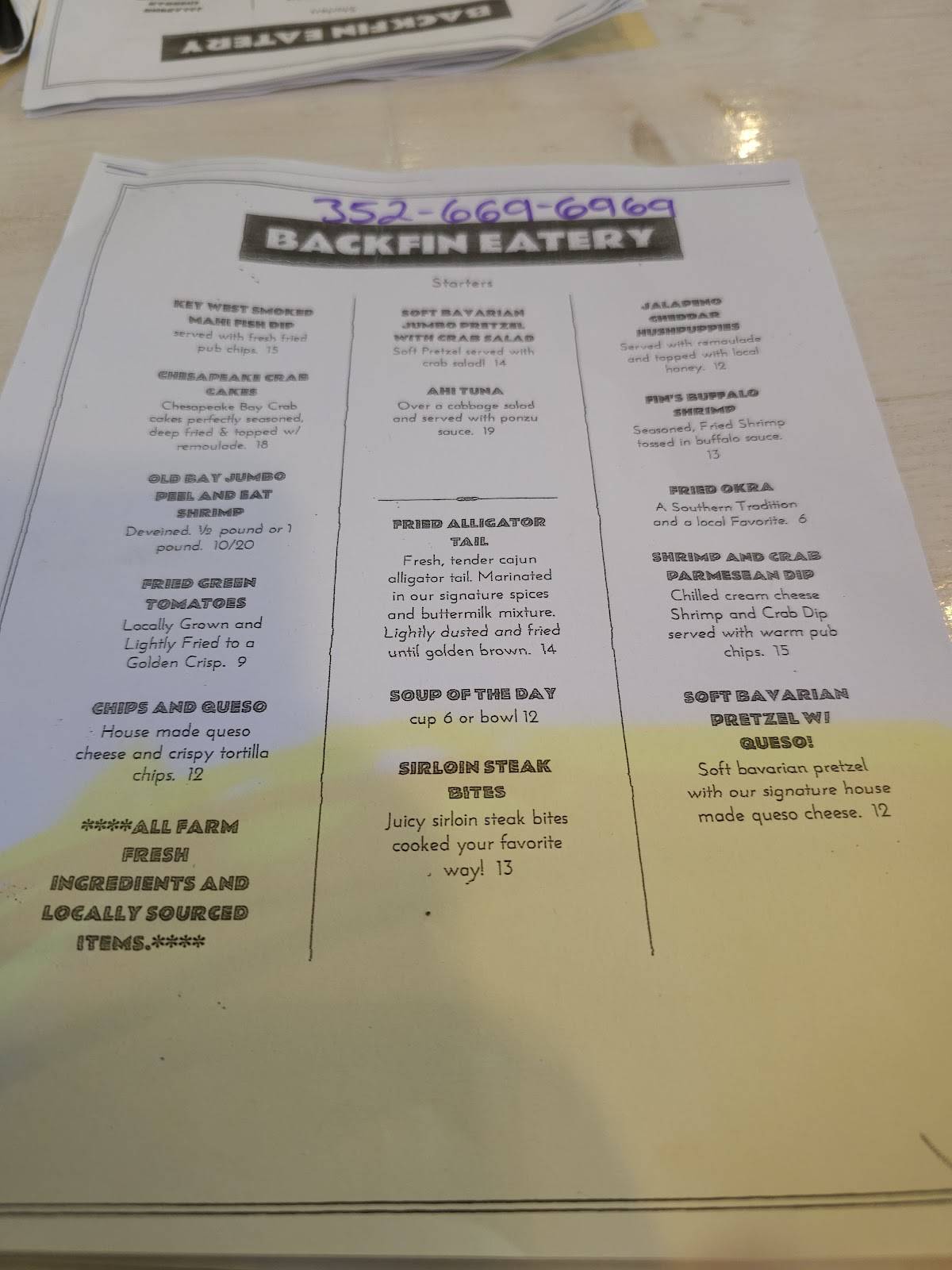 Menu at Backfin restaurant, Eustis
