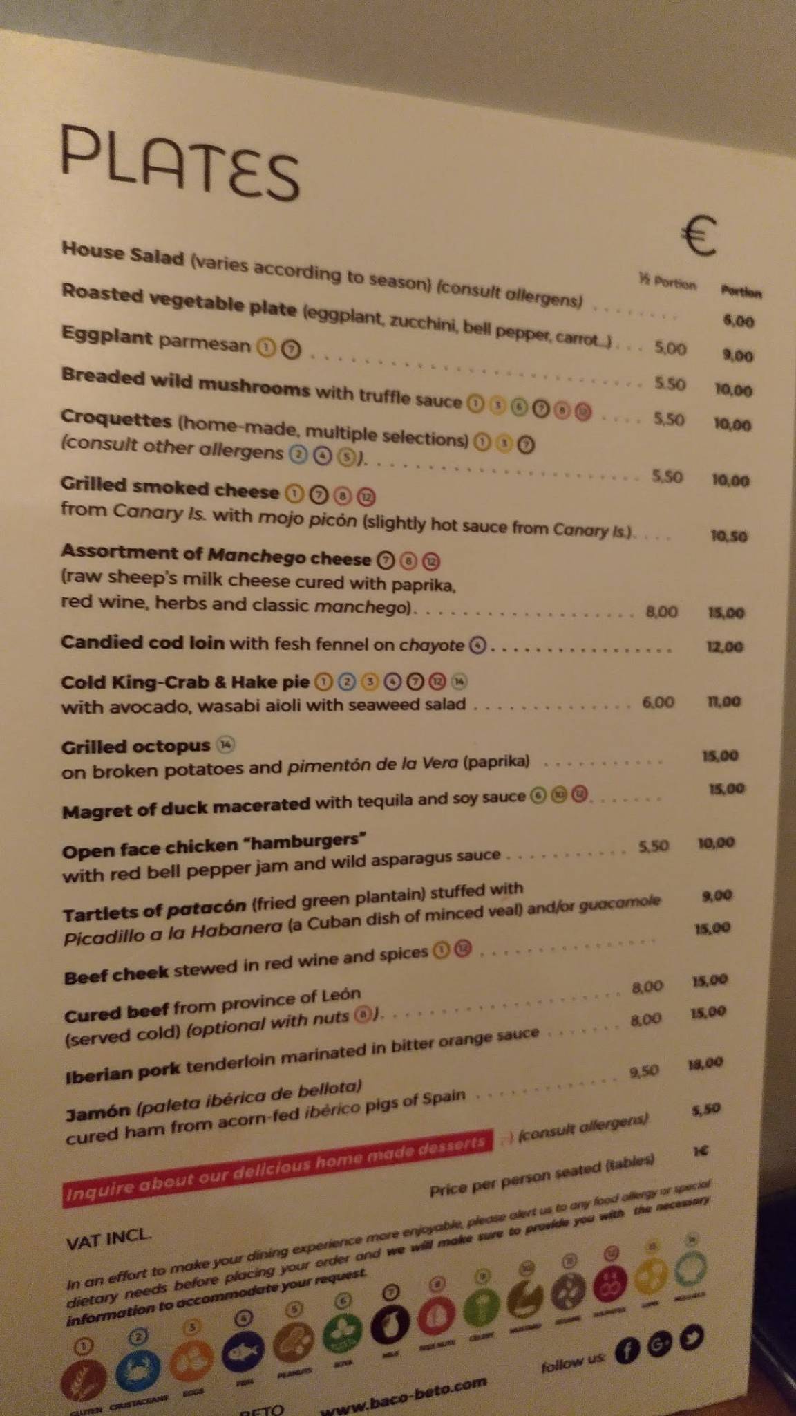 Carta del pub y bar Baco y Beto, Taberna, Madrid