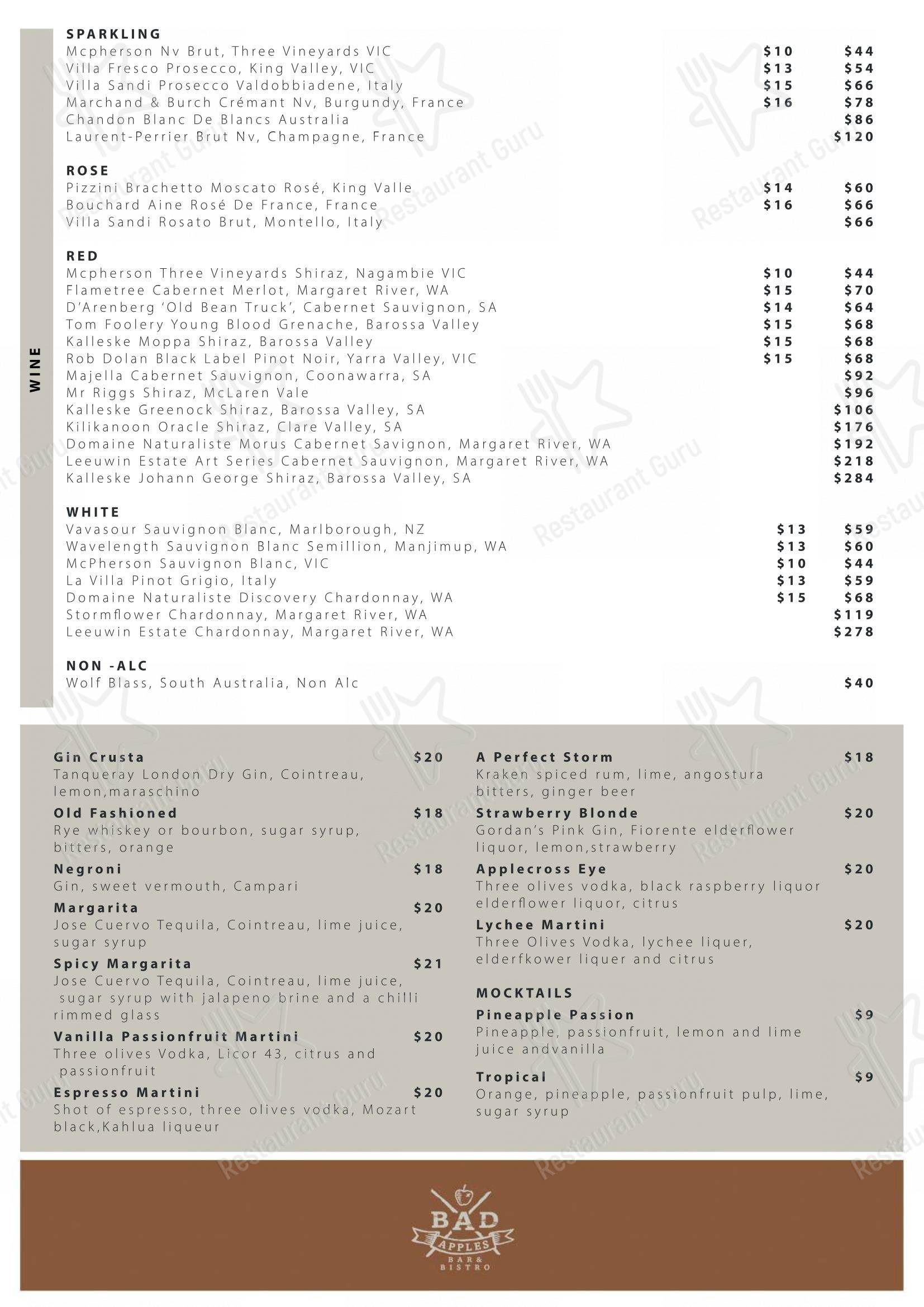 Menu at Bad Apples Bar, Ardross