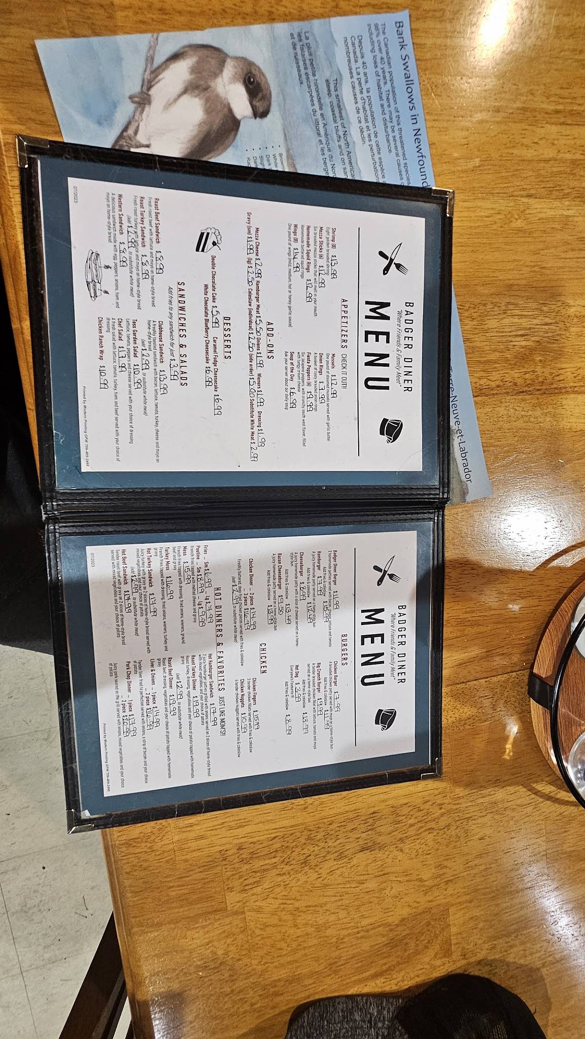 Menu at Badger Diner restaurant, Grand Falls-Windsor, 150 TCH