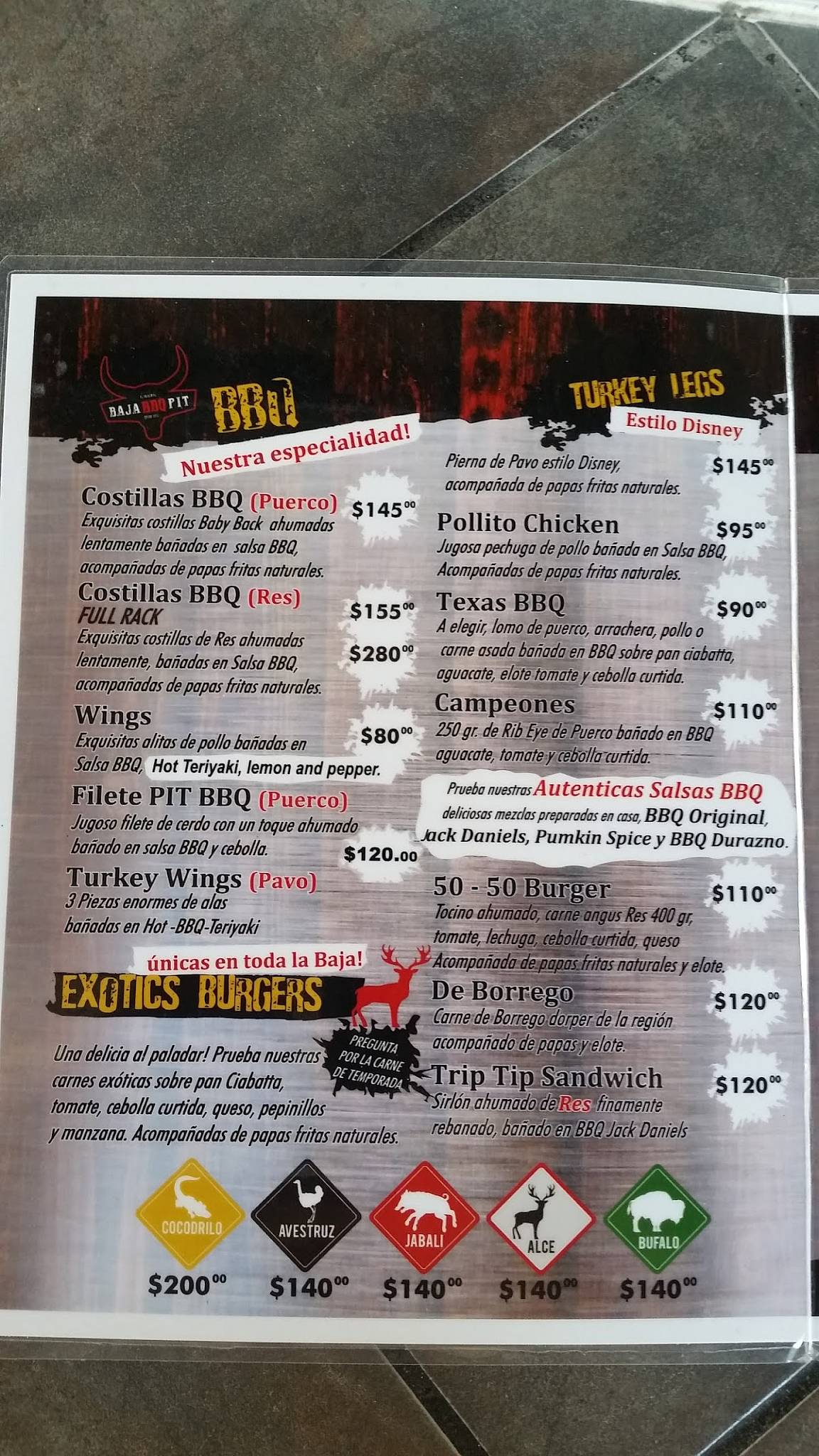 Menu at Baja BBQ Pit, Tijuana, 11 y o Plutarco Elías Calles 1984