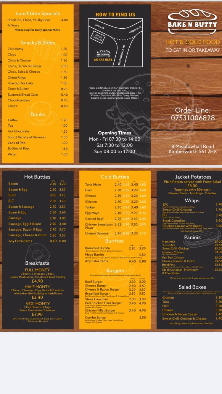 Menu at Bake N Butty (Kimberworth) restaurant, Rotherham