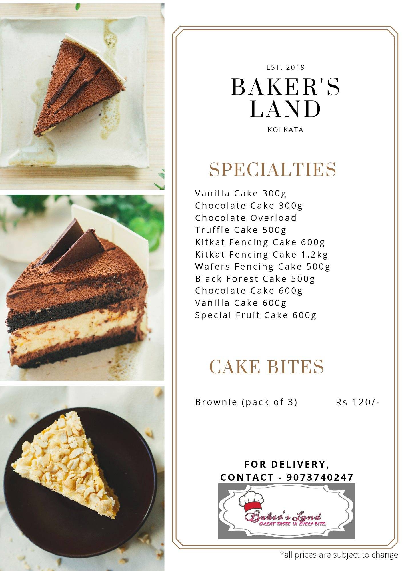 Menu at Baker's Land, Kolkata