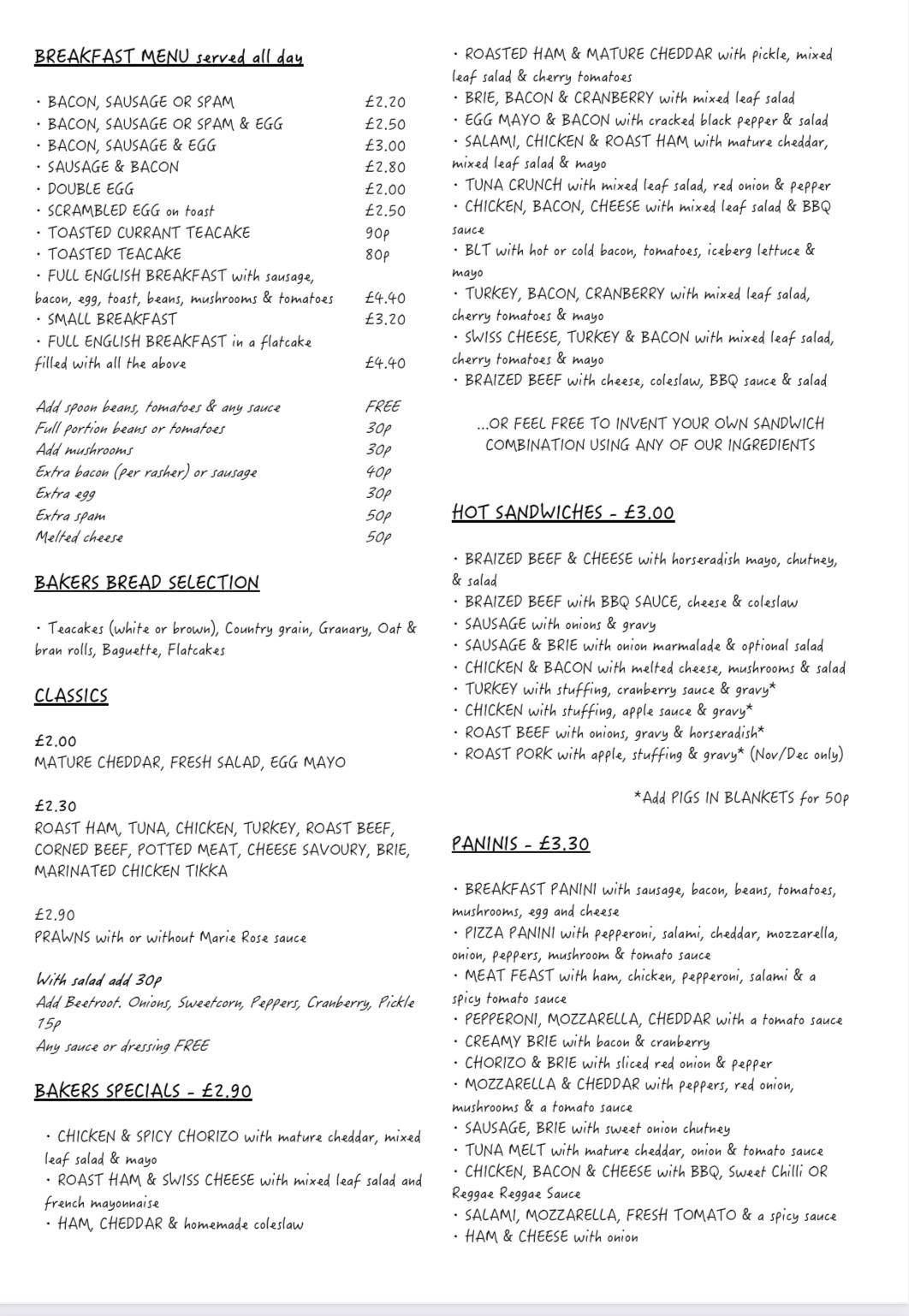 Menu at Bakers Sandwich Bar, Mirfield