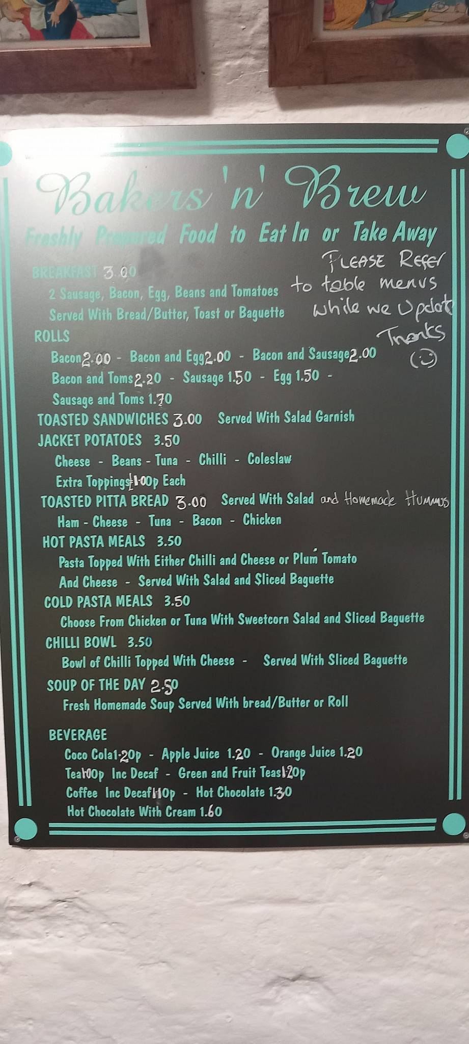 Menu at Bakers ‘n’ Brew restaurant, Scarborough