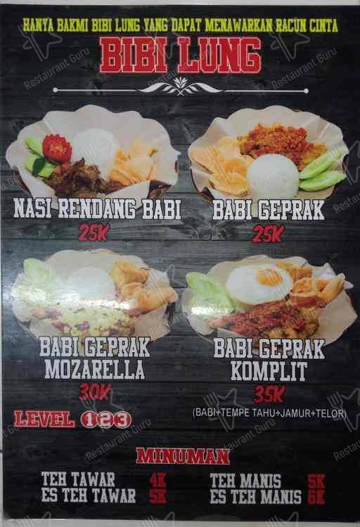 Carta del restaurante Bakmi Bibi Lung, Yakarta