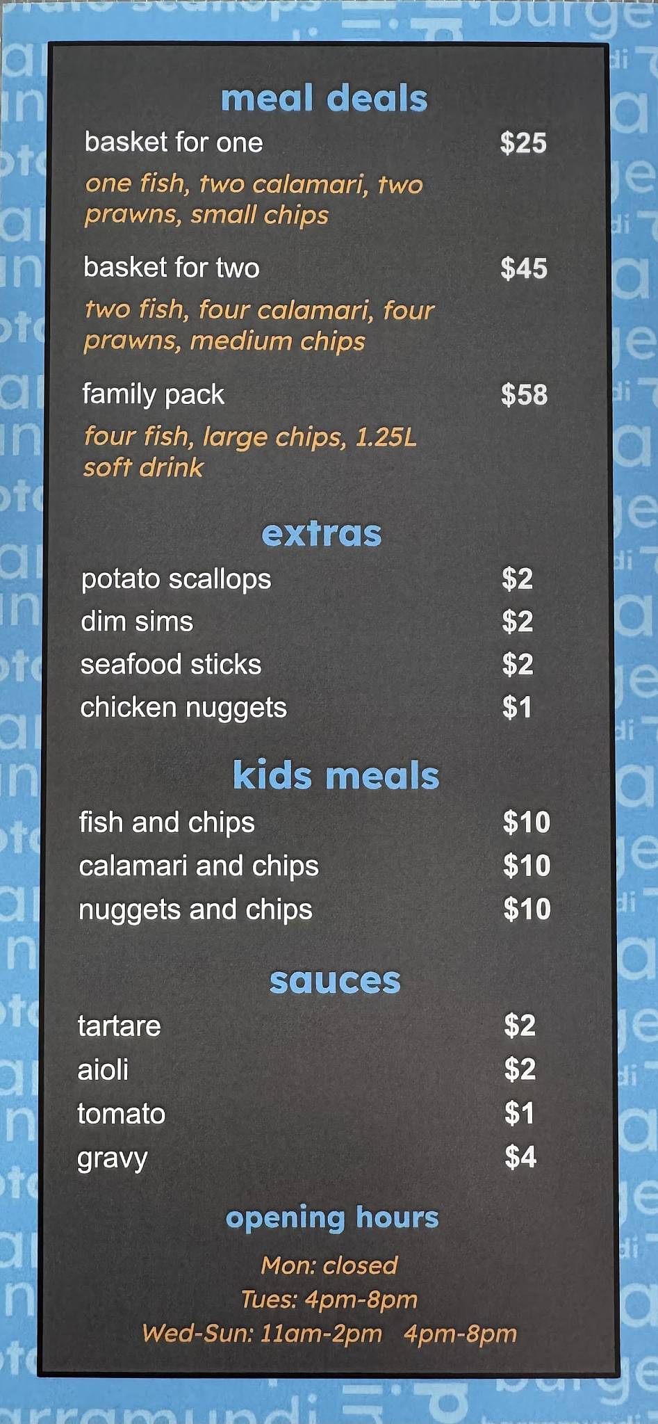 Menu at Balaclava Fish restaurant, Earlville