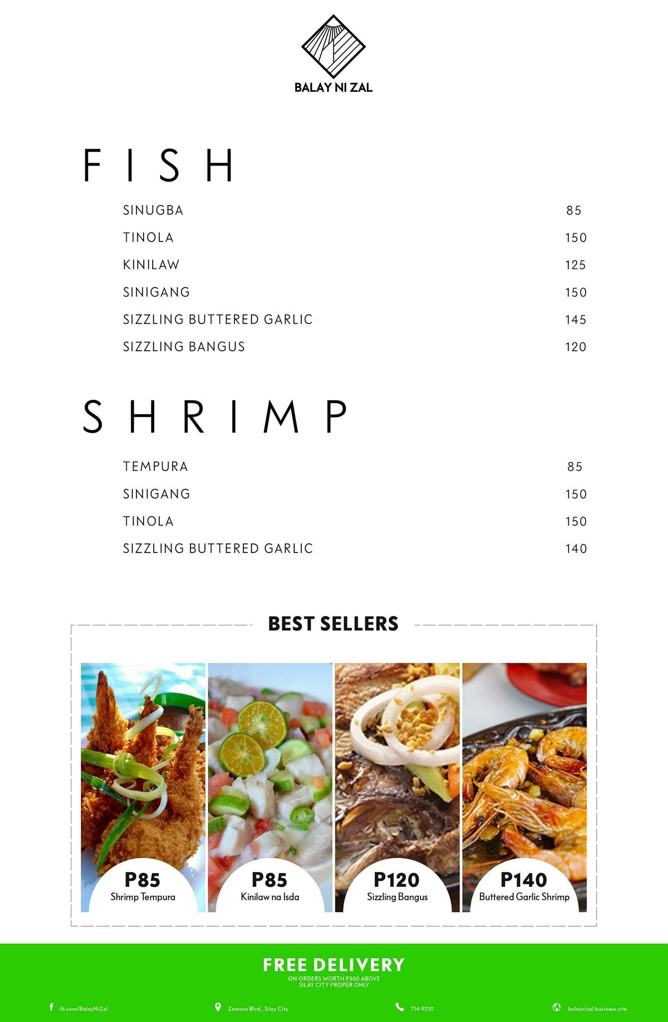 Carta del restaurante Balay Ni Zal, Silay City, Zamora Boulevard