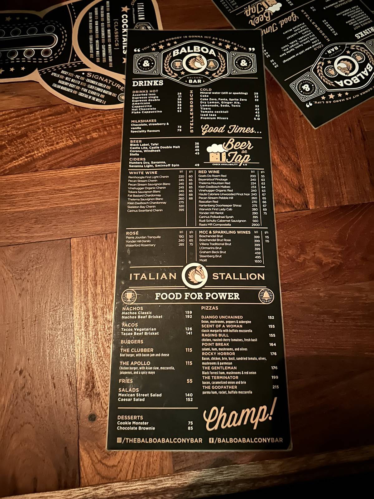 Menu at Balboa Balcony Bar, Stellenbosch