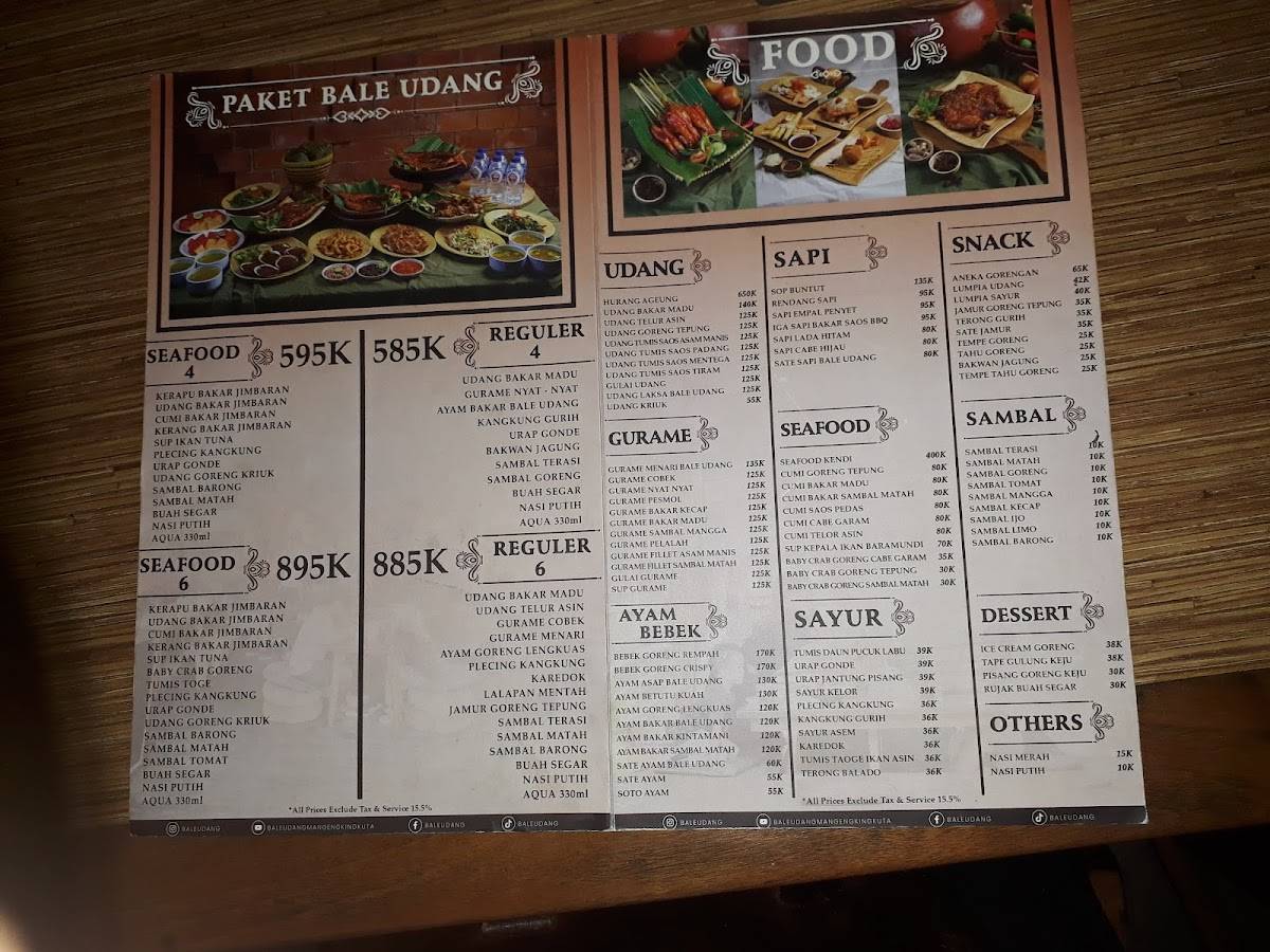 Menu at Bale Udang Mang Engking Kuta restaurant, Denpasar