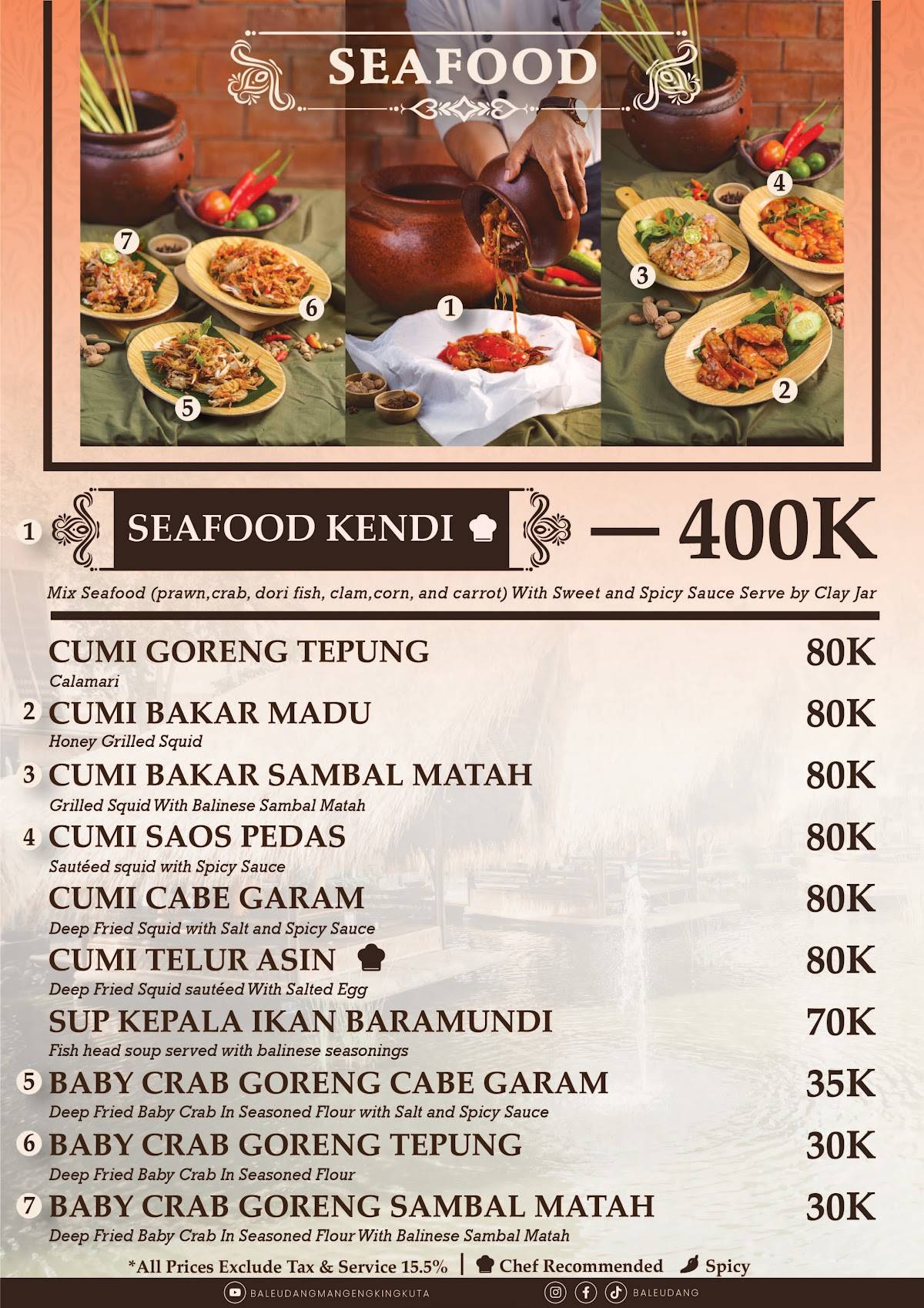 Menu at Bale Udang Mang Engking Kuta restaurant, Denpasar