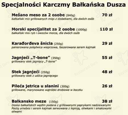 Menu at Karczma Bałkańska Dusza restaurant, Warsaw