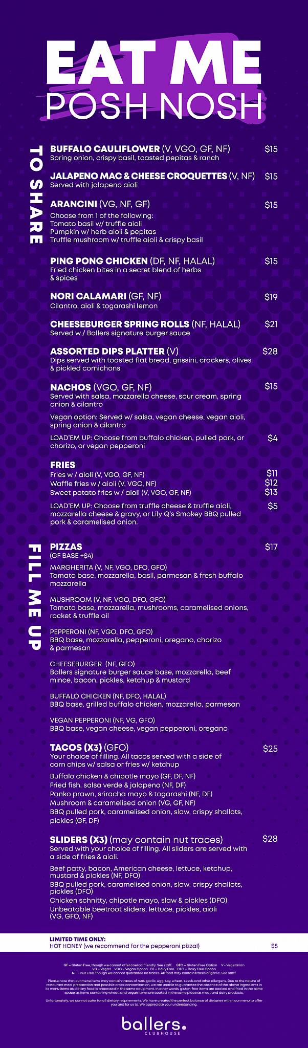 Menu at Ballers Clubhouse, Melbourne