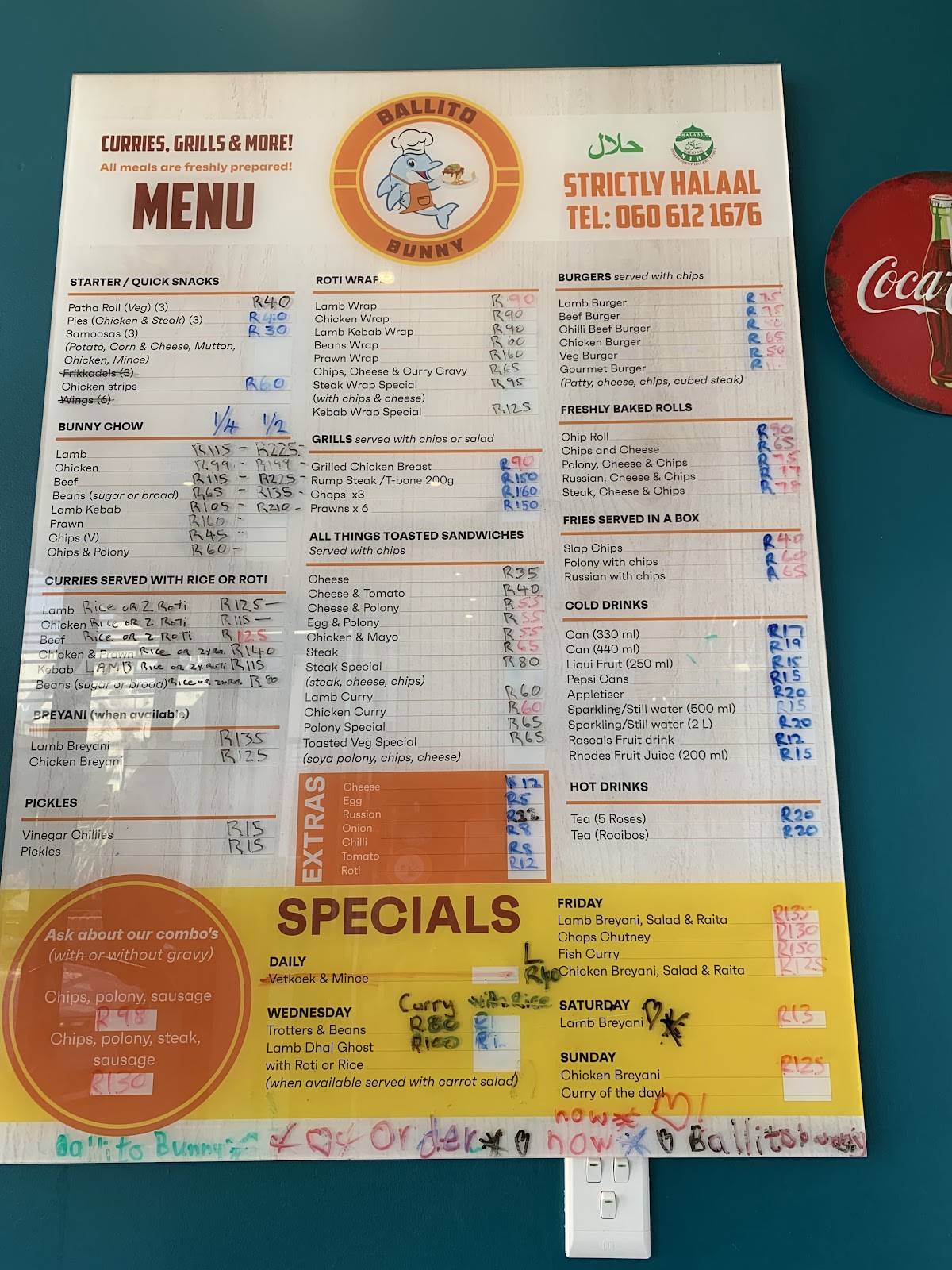 Menu at Ballito Bunny restaurant, Johannesburg