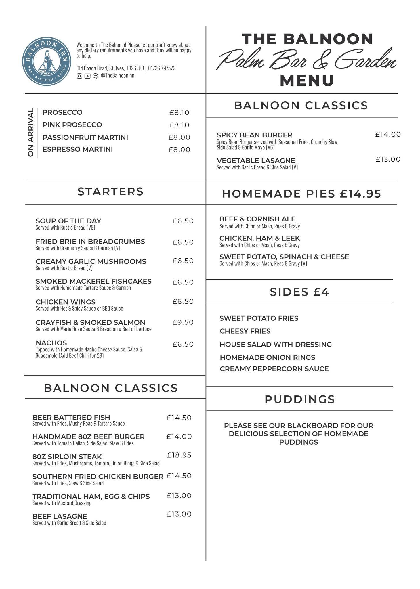 Menu at The Balnoon Inn pub & bar, Saint Ives