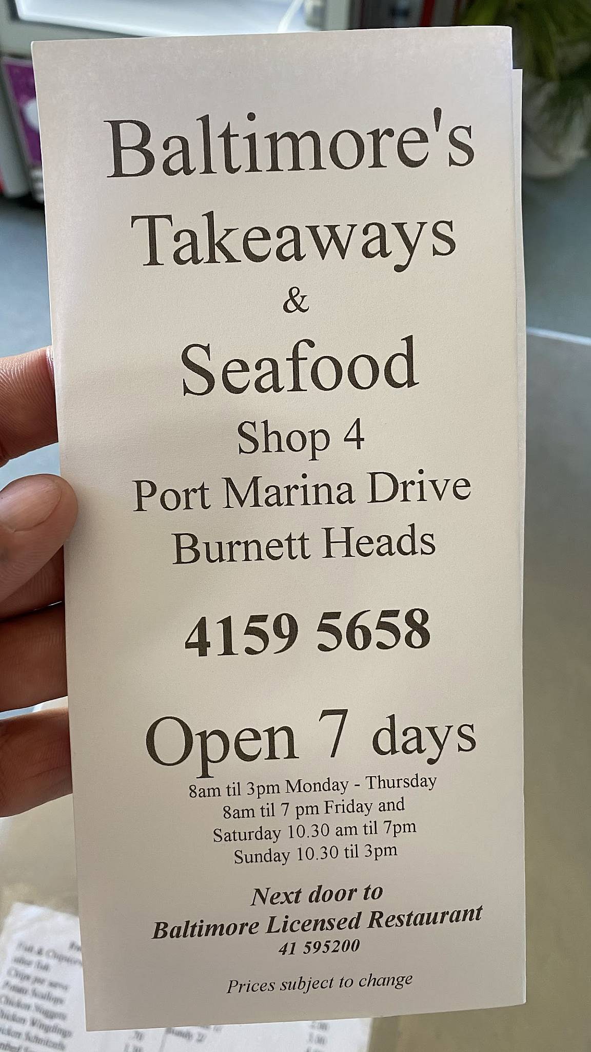 Menu at Baltimore restaurant, Burnett Heads, Marina Dr