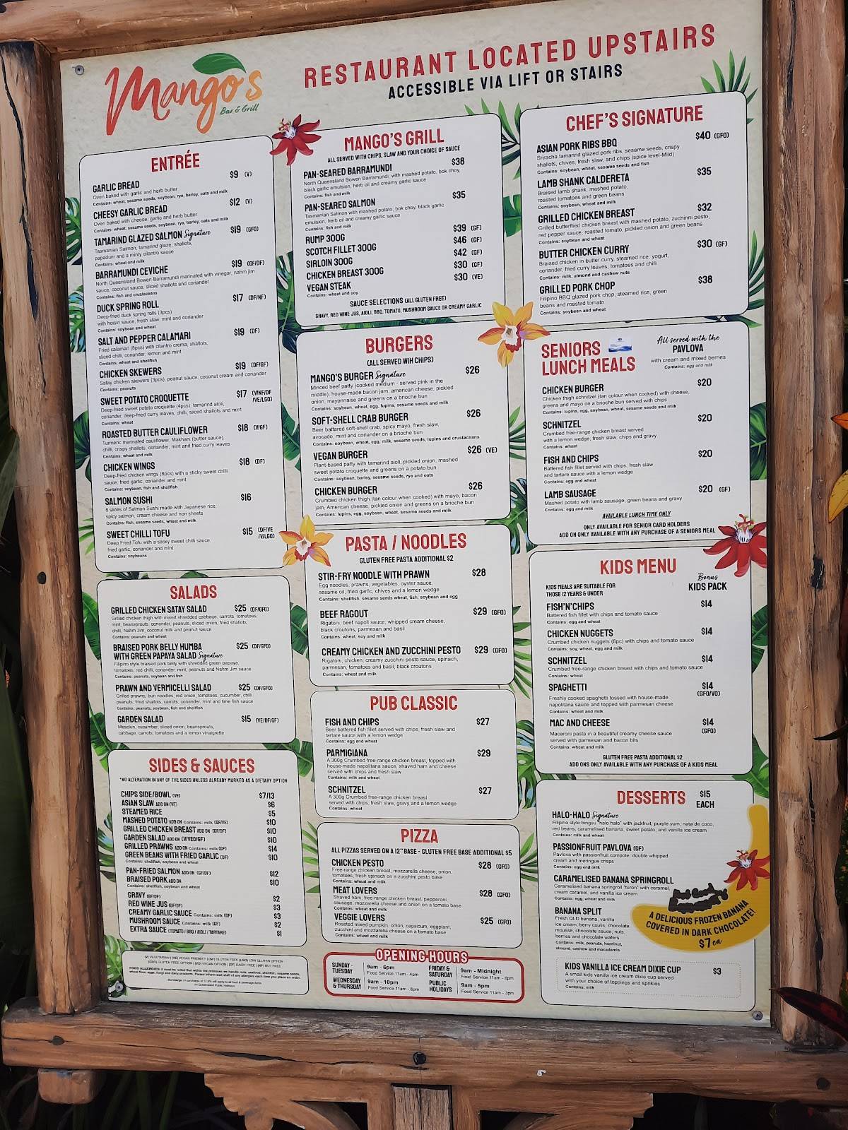 Menu at Banana Bender Pub, Australia