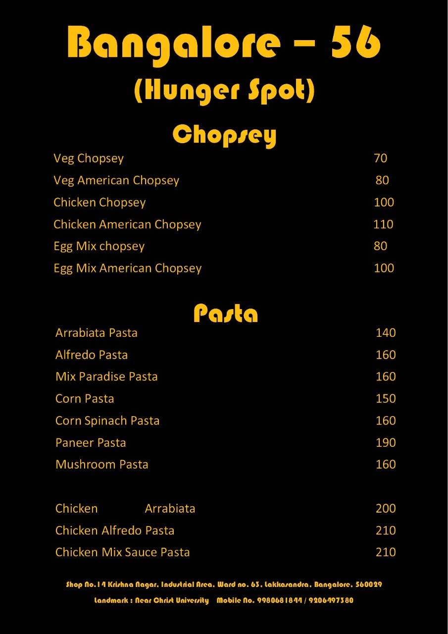 Menu at Bangalore 56 (hunger spot), Bengaluru