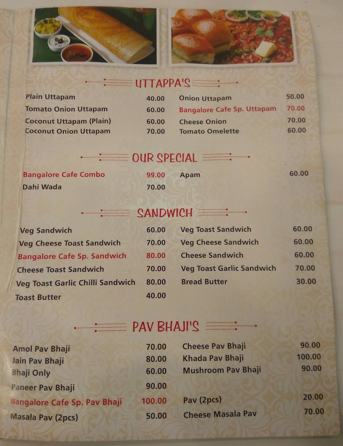 Menu at Bangalore Cafe, Pune, 173
