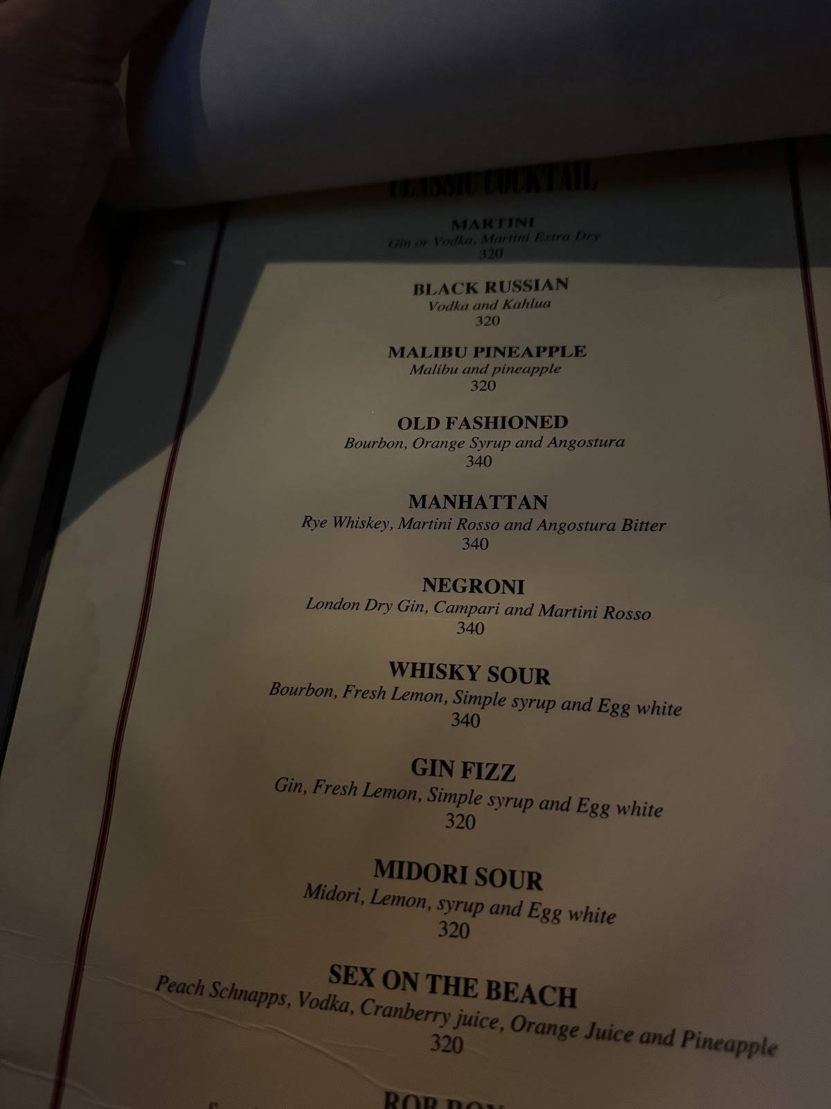 Menu at The Garrison pub & bar, Bangkok