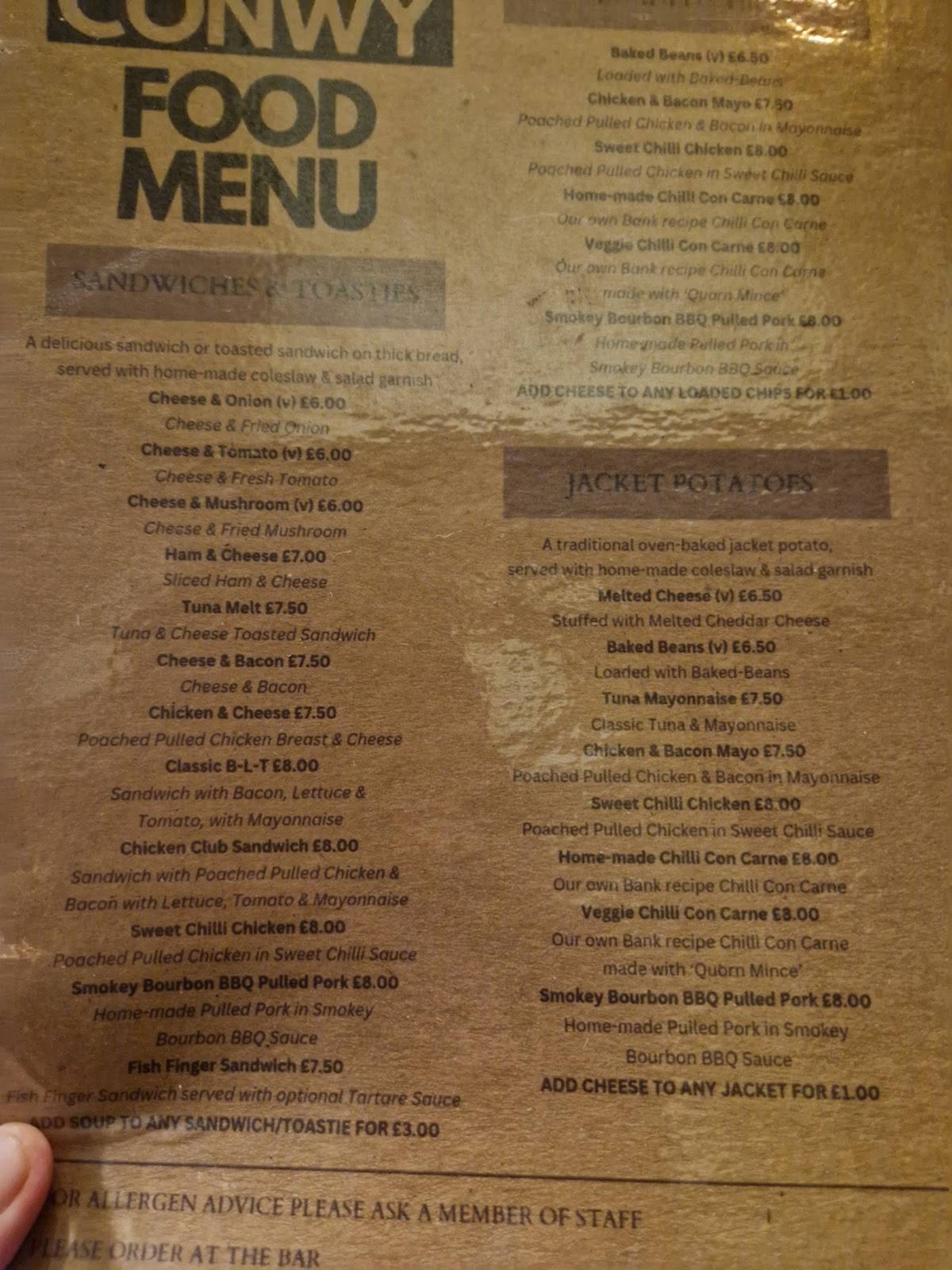 Menu at Bank Of Conwy pub & bar, Conwy