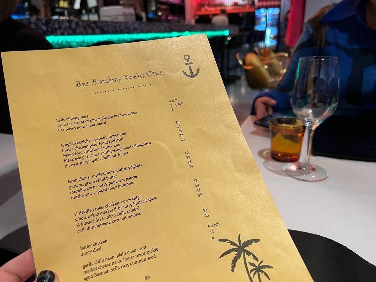 Menu at Bar Bombay, Melbourne