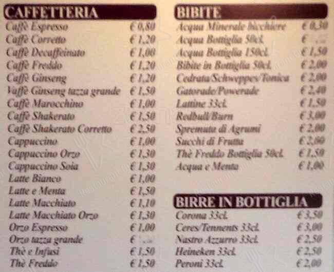 Menu da Bar Castani, Roma