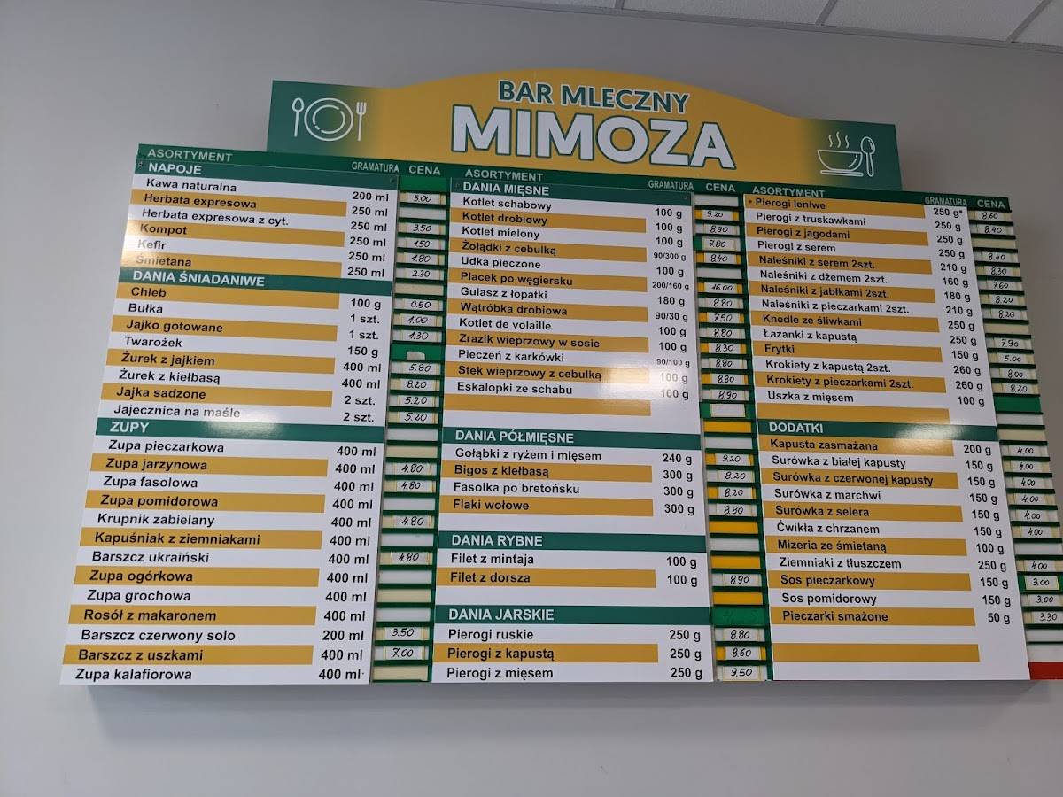 Menu at Bar Mleczny "Mimoza", Tarnow