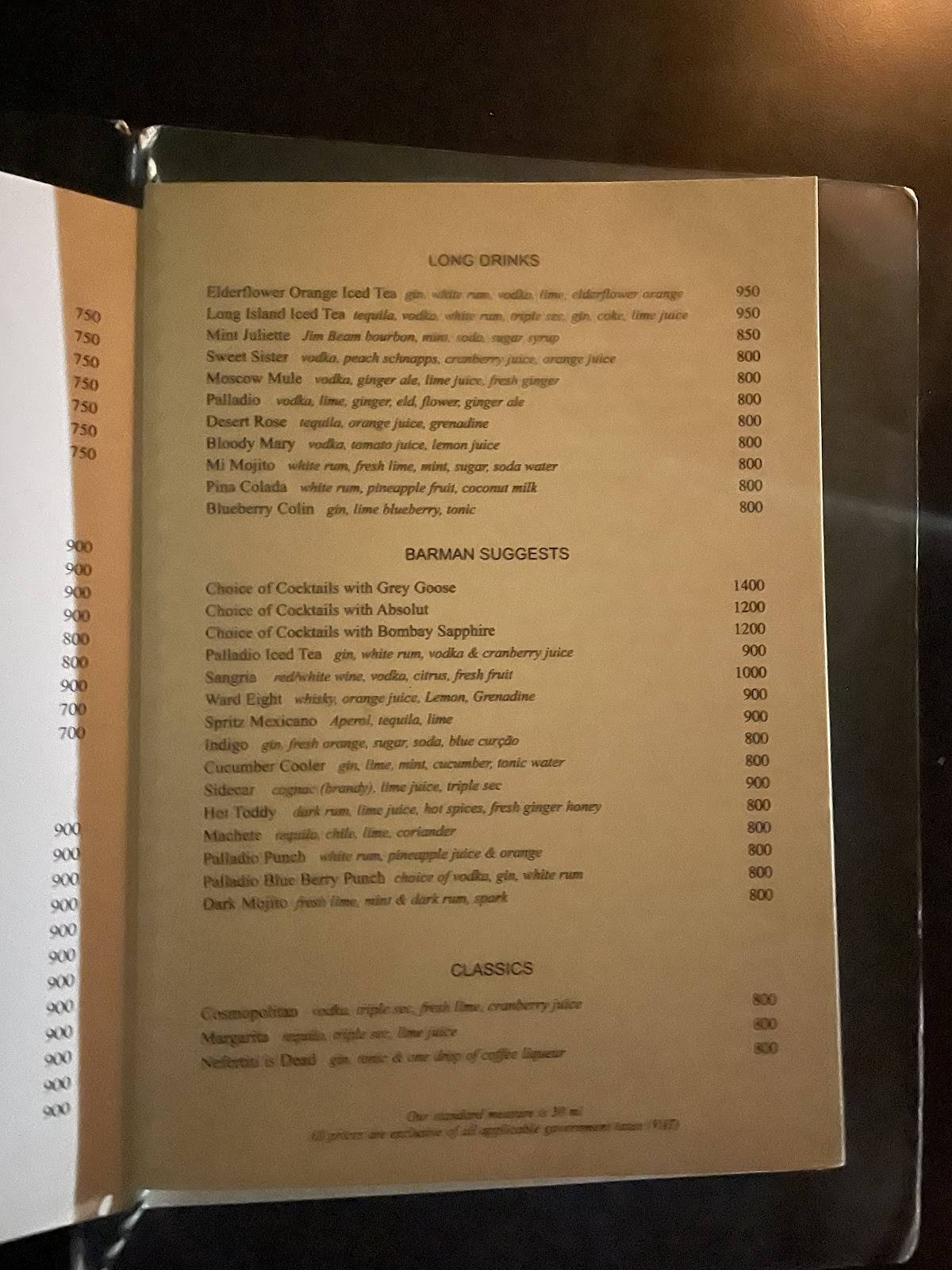 Menu at Bar Palladio Jaipur, Jaipur