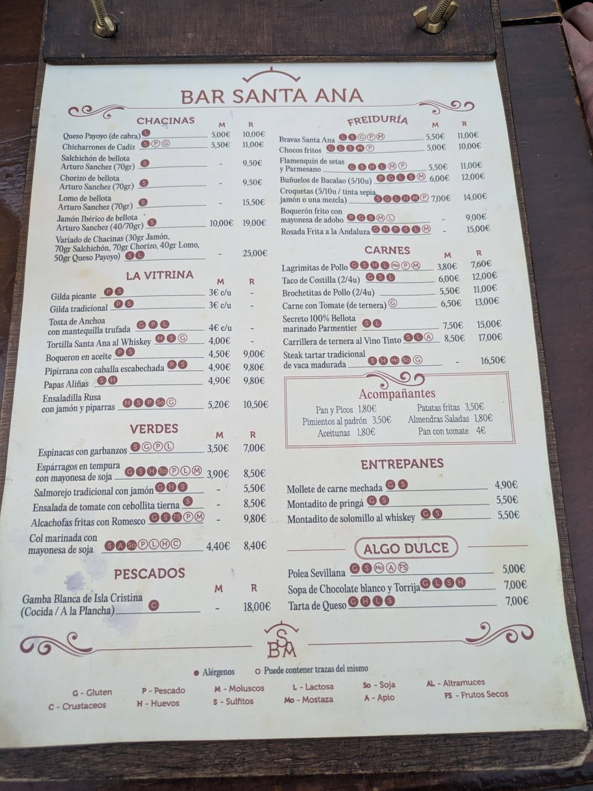 Carta de Bar Santa Ana, Sevilla, C. Pureza