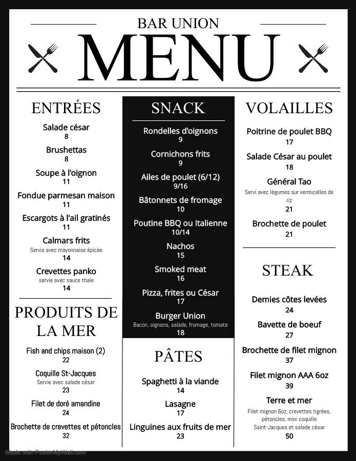 Menu au Bar Union Restaurant, Alma