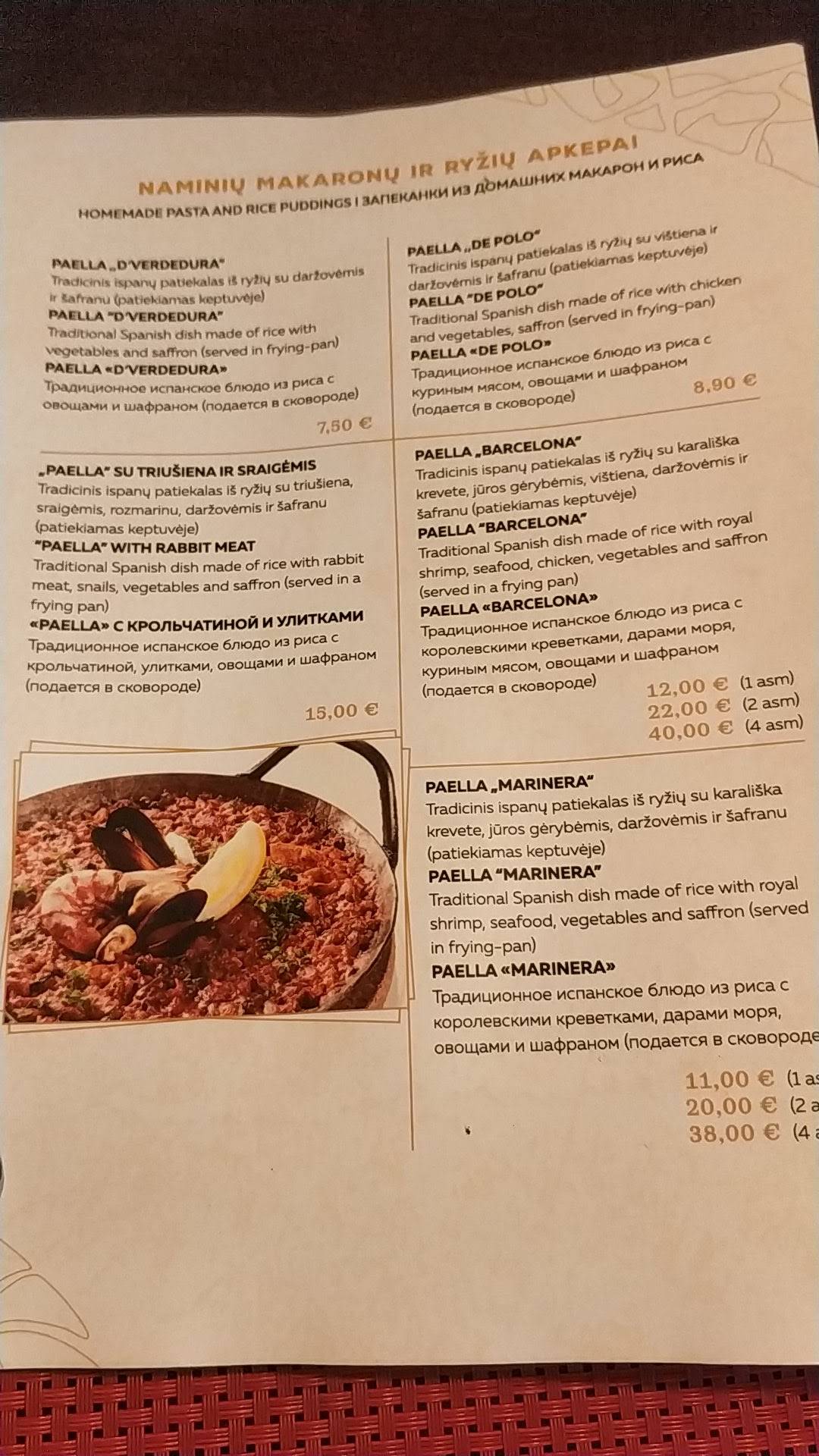 Menu at Barcelona, Vilnius