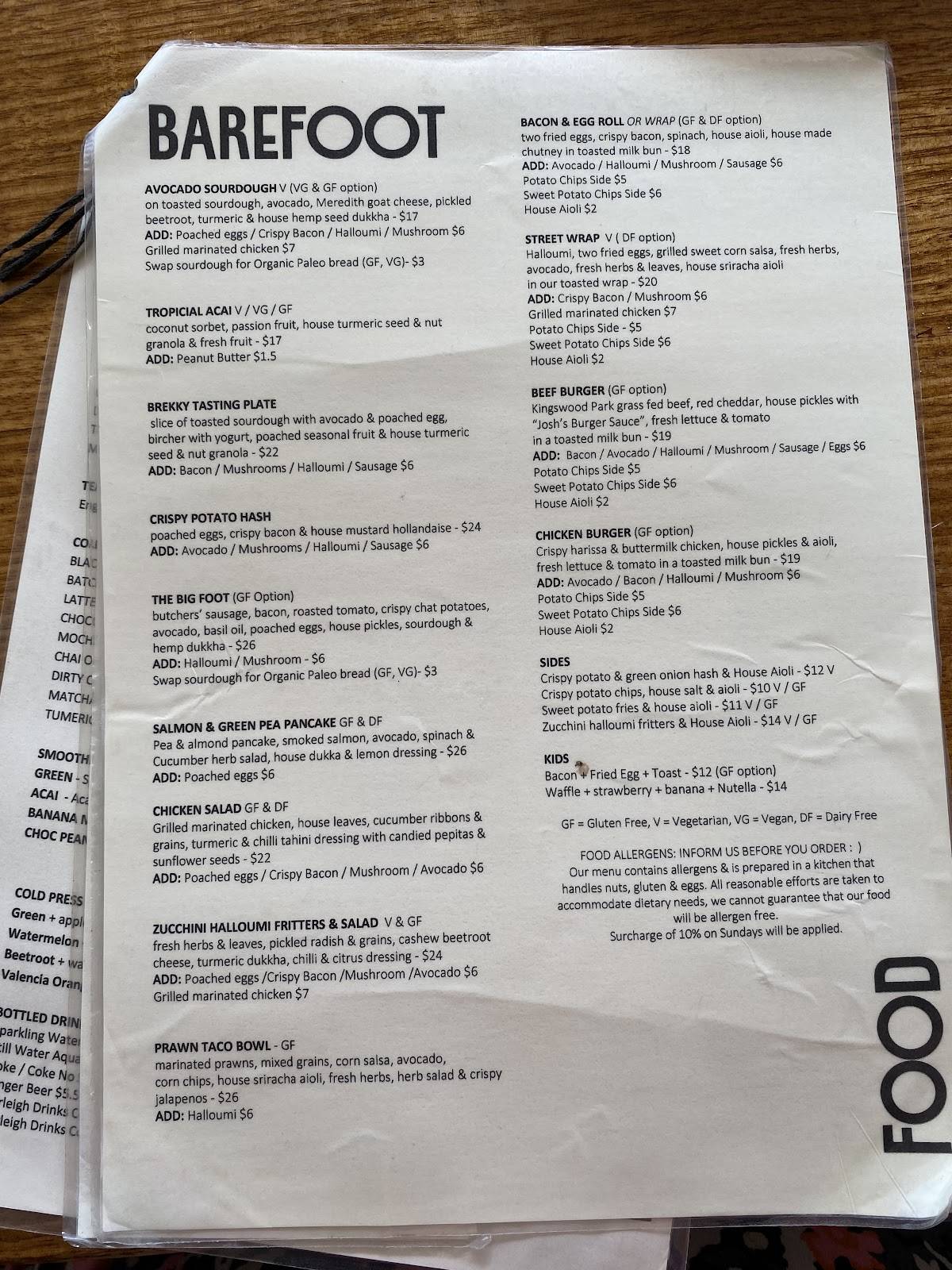 Menu at Barefoot Barista Currumbin, Currumbin