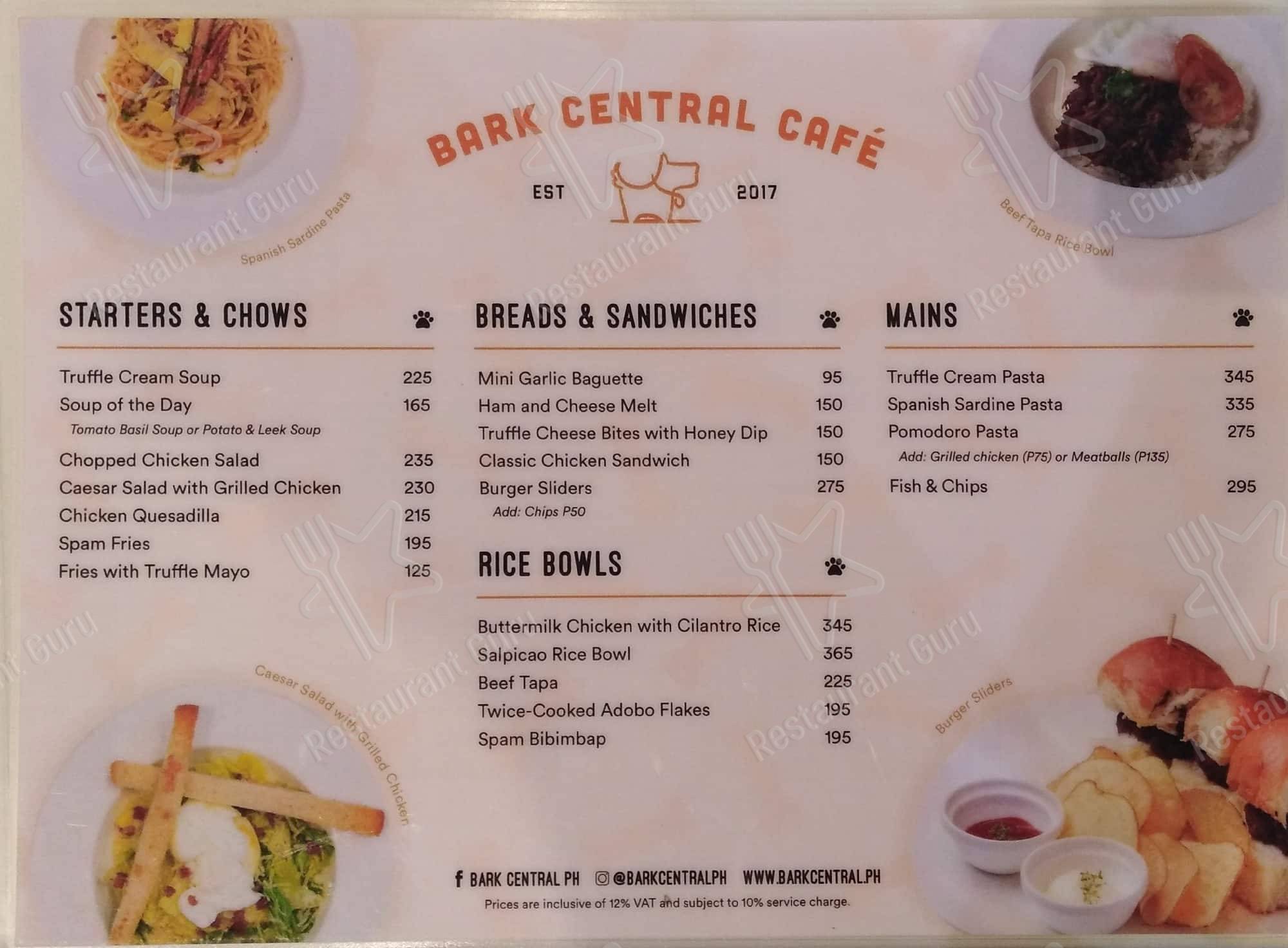 Menu at Bark Central Cafe, Quezon City