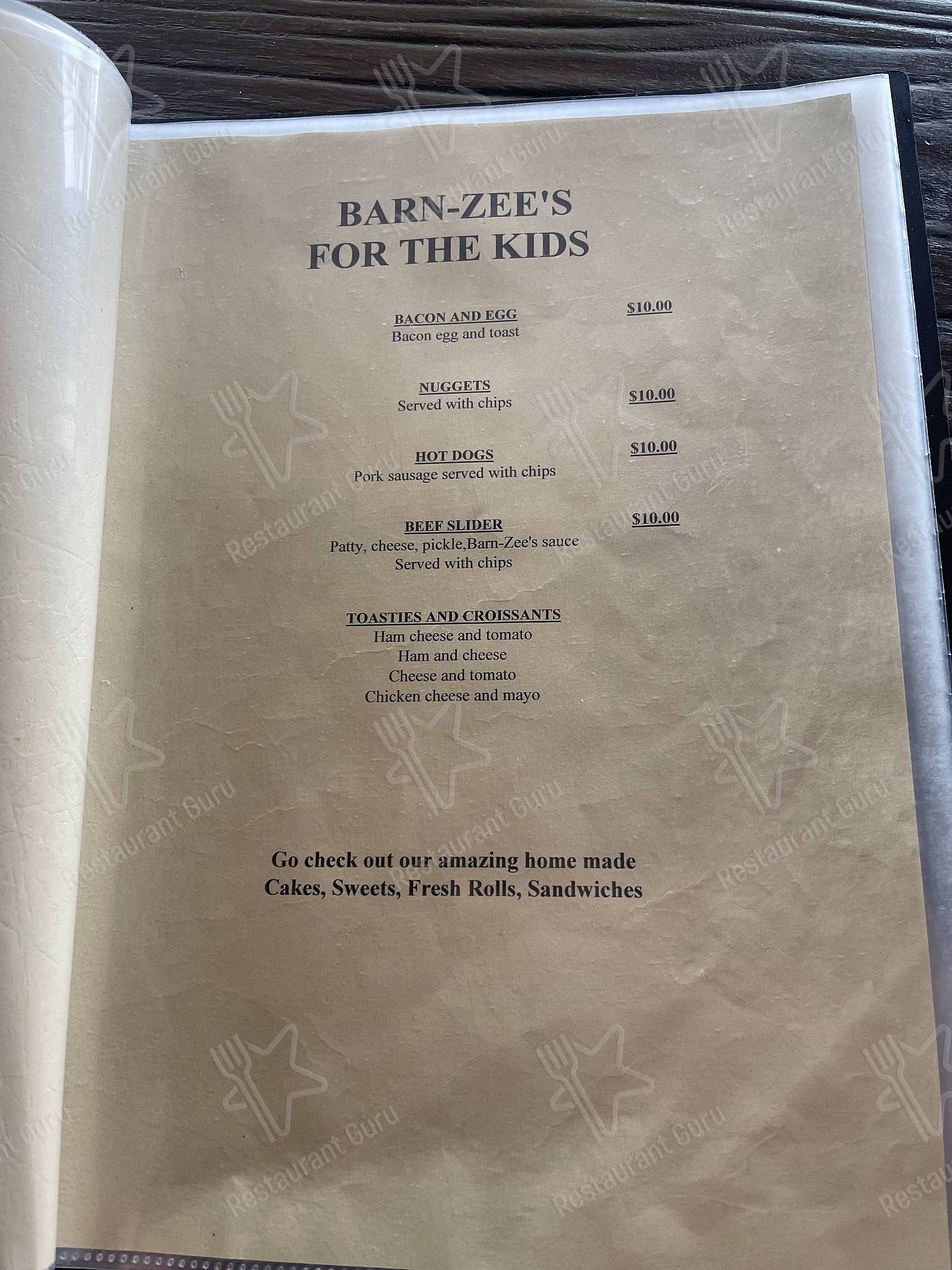 Menu at Barn-Zee's Burgers & Barista, Collie